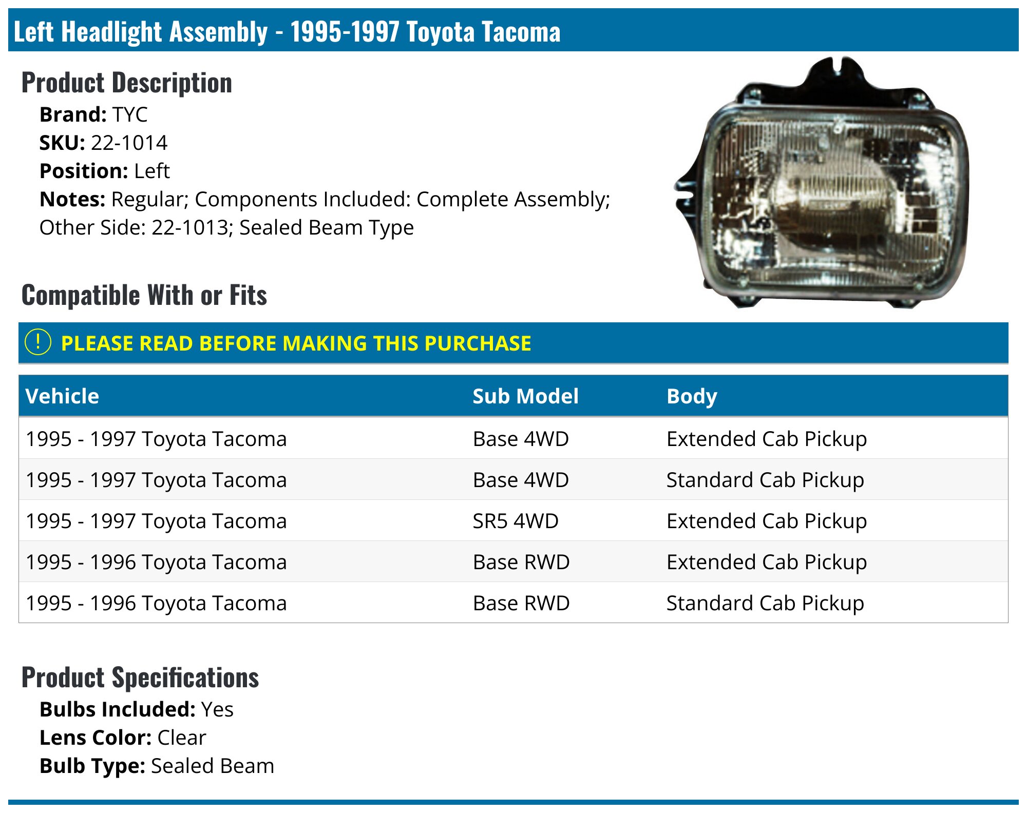 1995-1997 Toyota Tacoma Headlight Assembly - TYC 22-1014 - Left ...