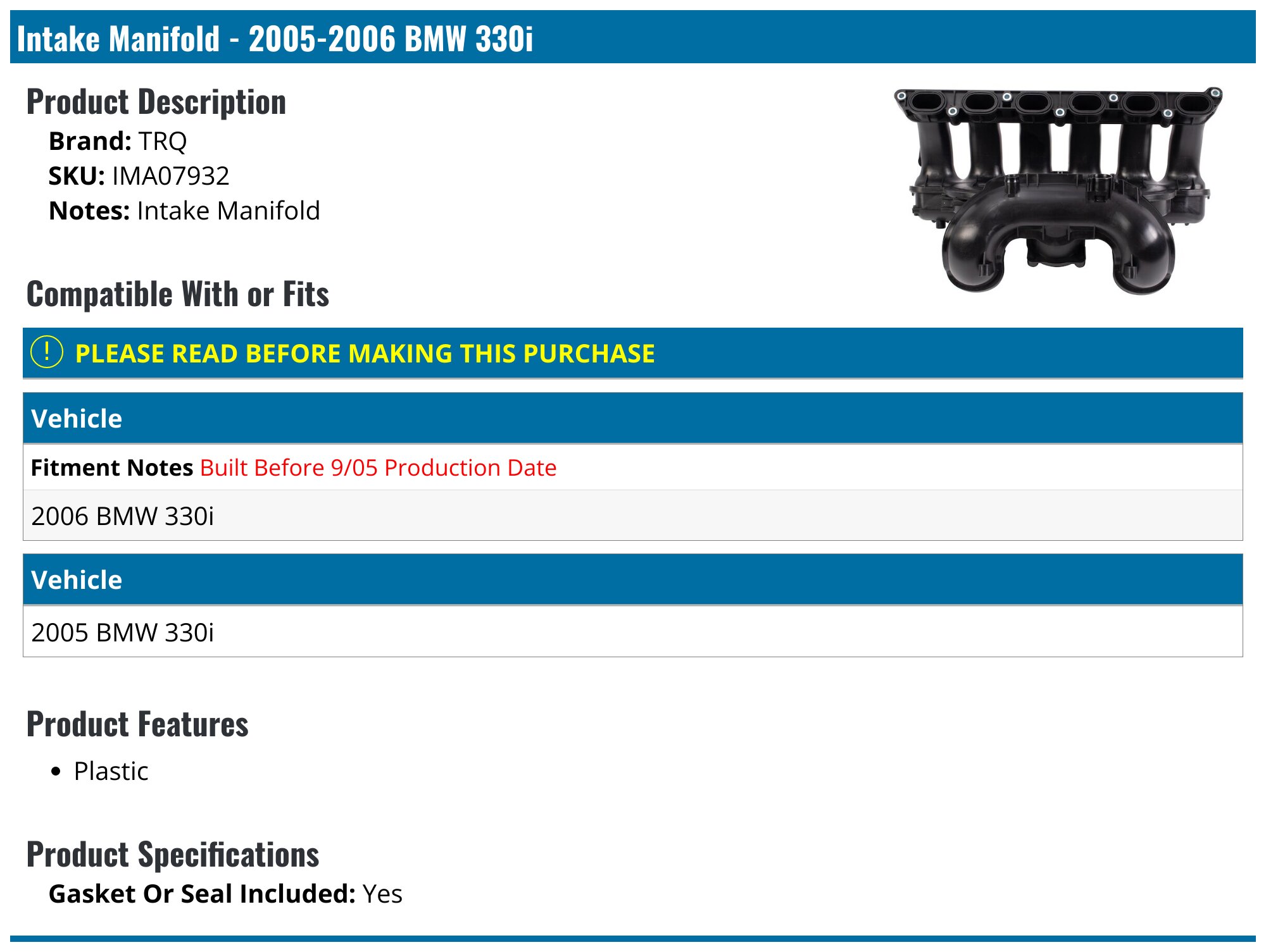 2005-2006 BMW 330i Intake Manifold - TRQ IMA07932 - PartsGeek.com