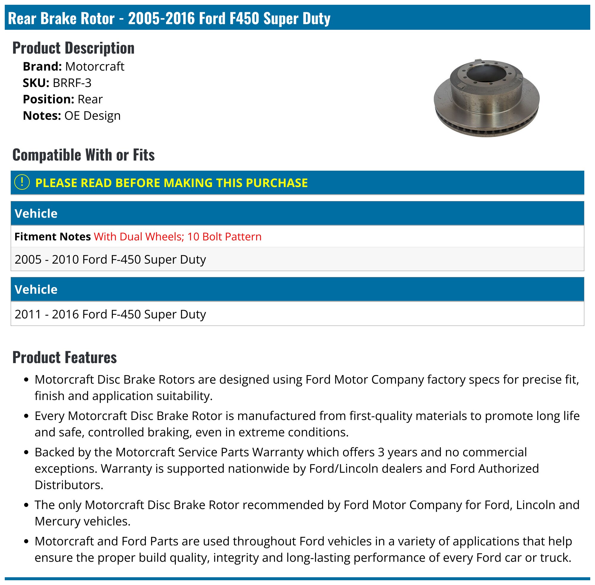 2005-2016 Ford F450 Super Duty Brake Rotor - Motorcraft BRRF-3 - Rear ...