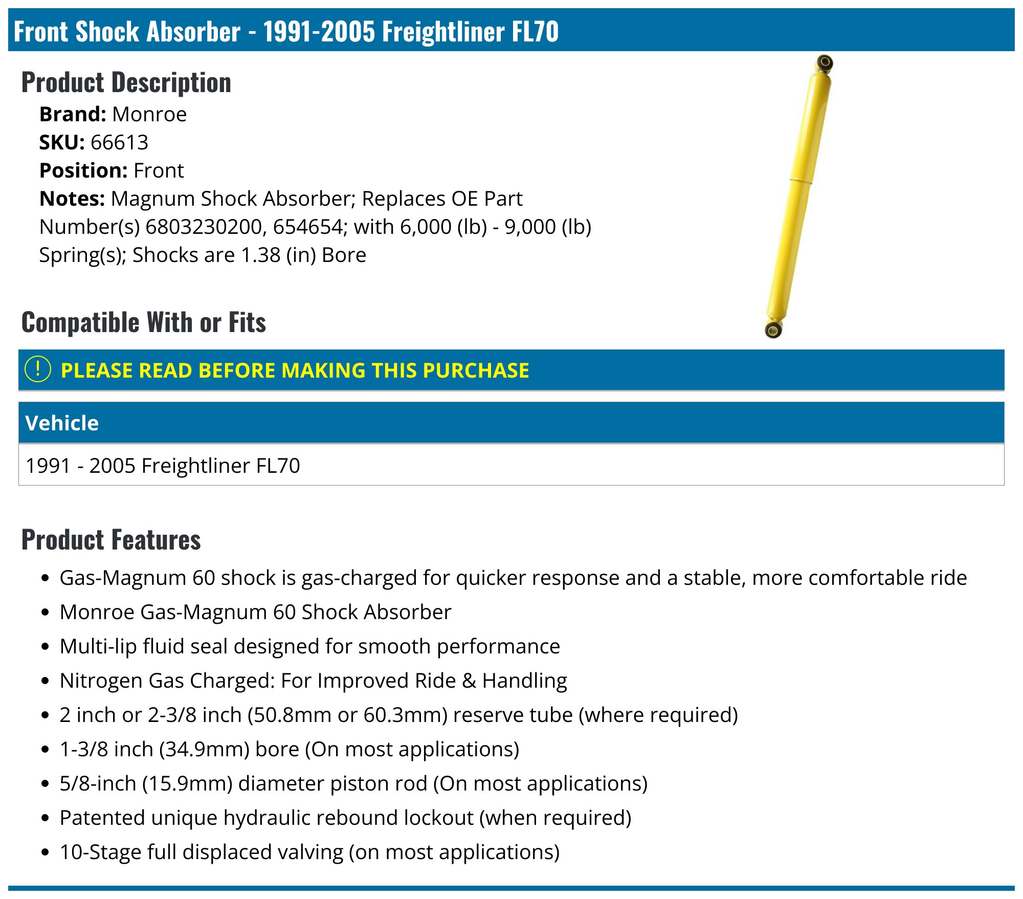 1991-2005 Freightliner FL70 Shock Absorber - Monroe 66613 - Front ...