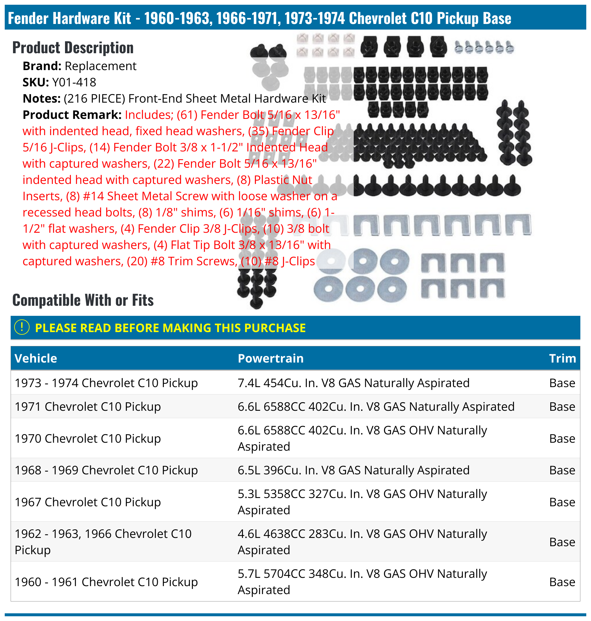 1960-1963, 1966-1971, 1973-1974 Chevrolet C10 Pickup Fender Hardware ...