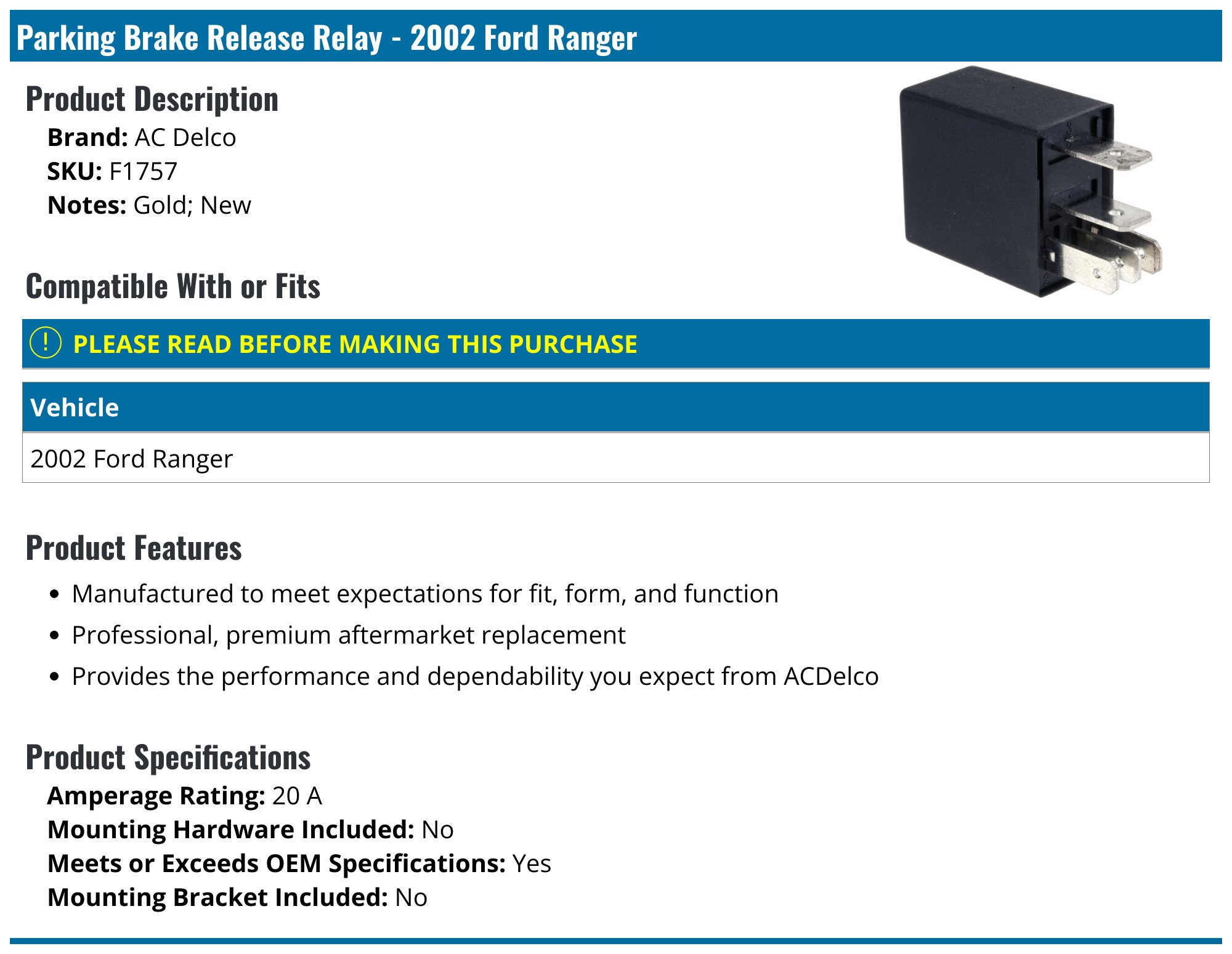 2002 Ford Ranger Parking Brake Release Relay - AC Delco F1757 ...
