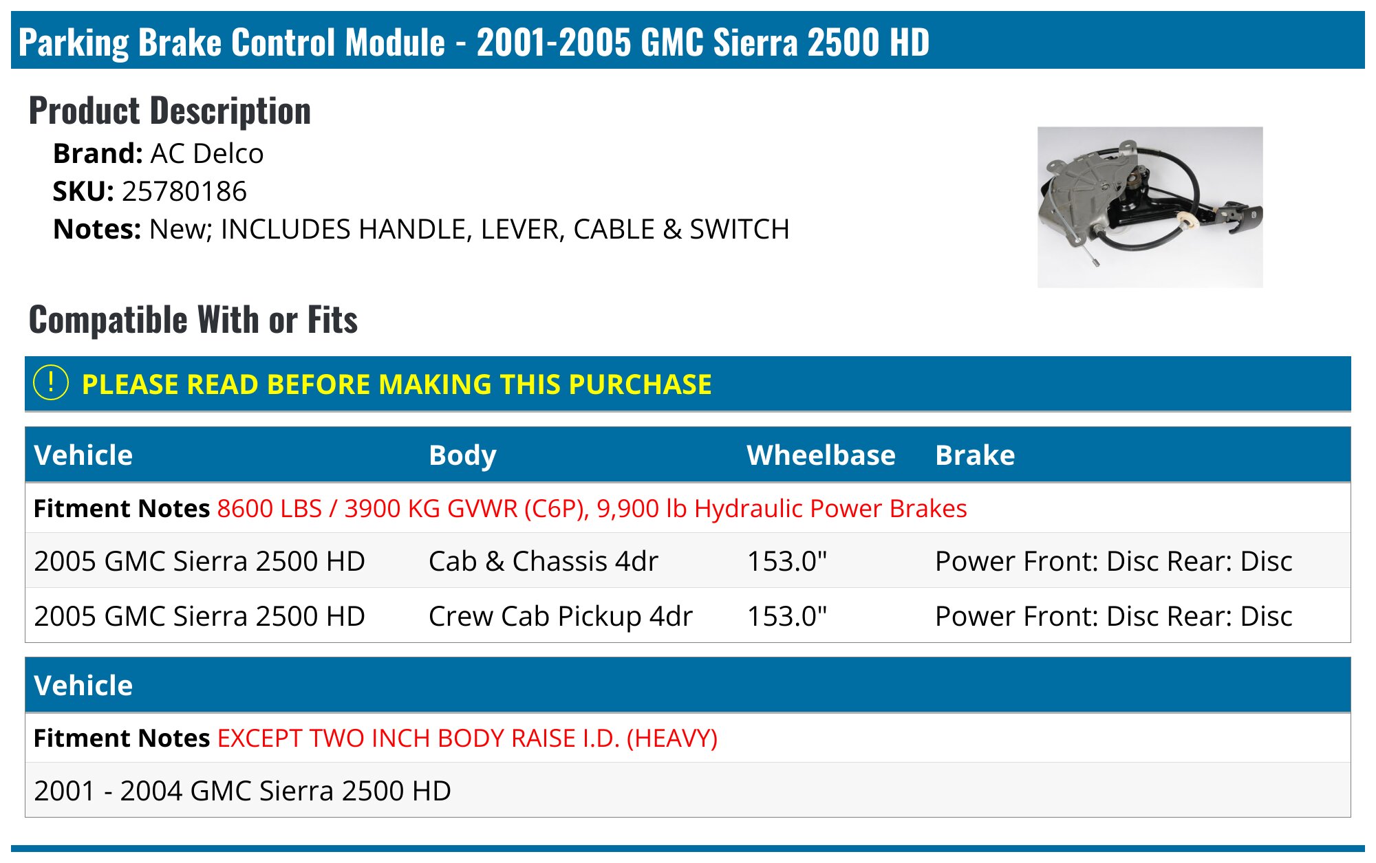 2001-2005 GMC Sierra 2500 HD Parking Brake Control Module - AC Delco ...