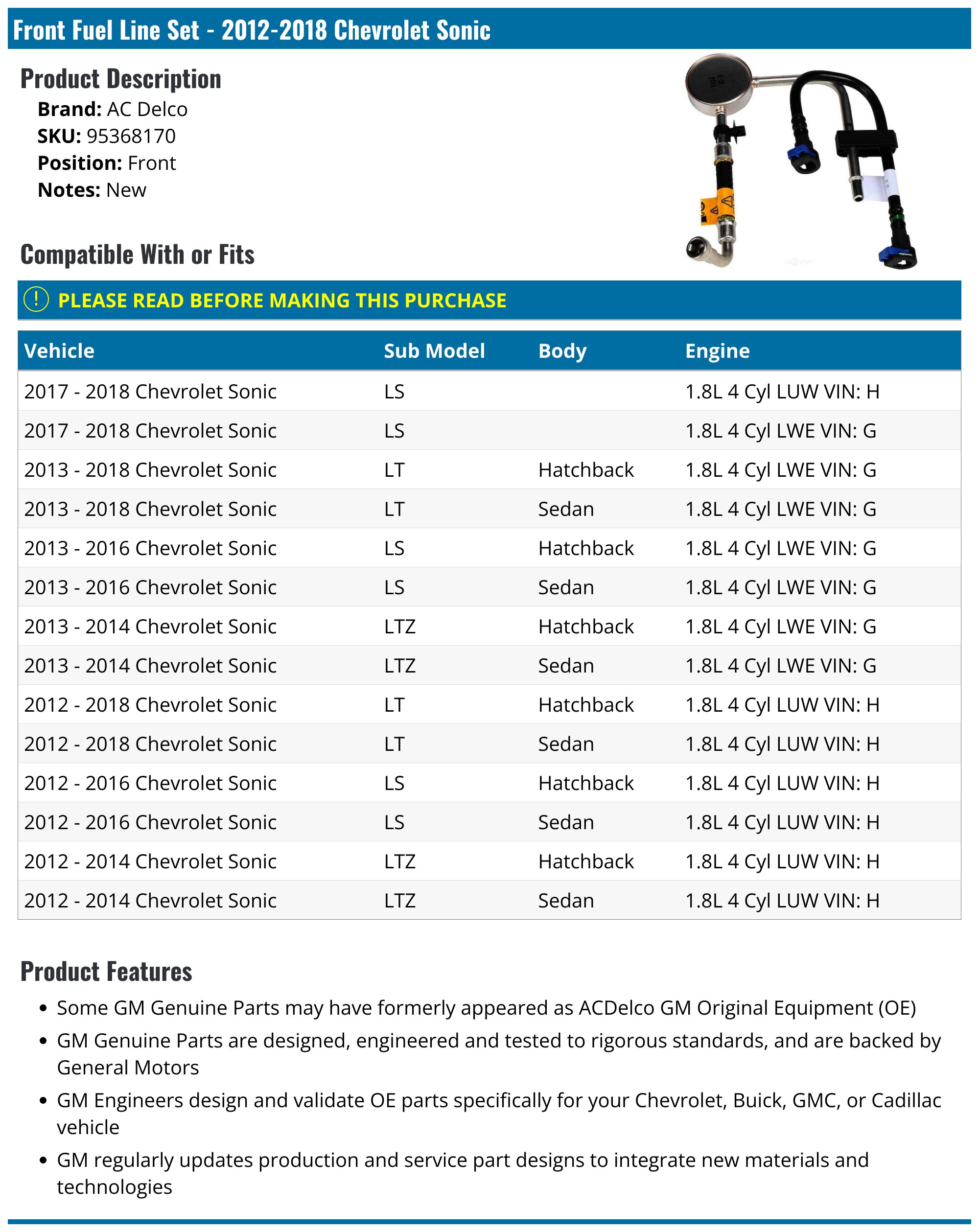2012-2018 Chevrolet Sonic Fuel Line - AC Delco 95368170 - Front ...