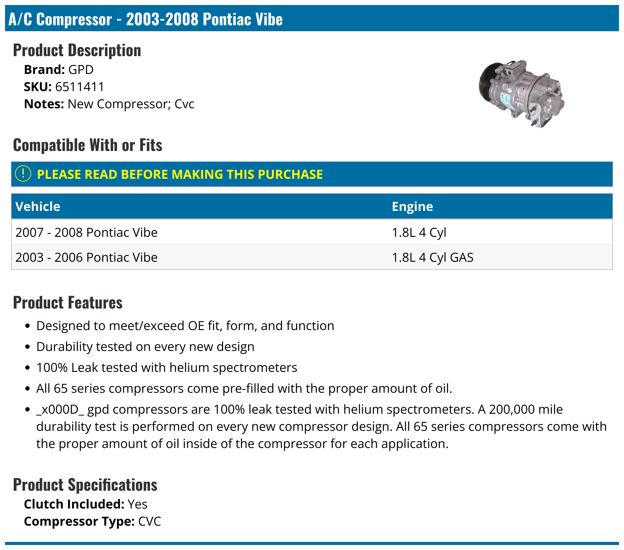 2003-2008 Pontiac Vibe A/C Compressor - GPD 6511411 - PartsGeek.com