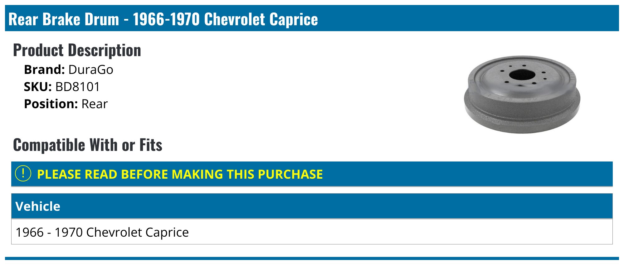 1966-1970 Chevrolet Caprice Brake Drum - DuraGo BD8101 - Rear ...