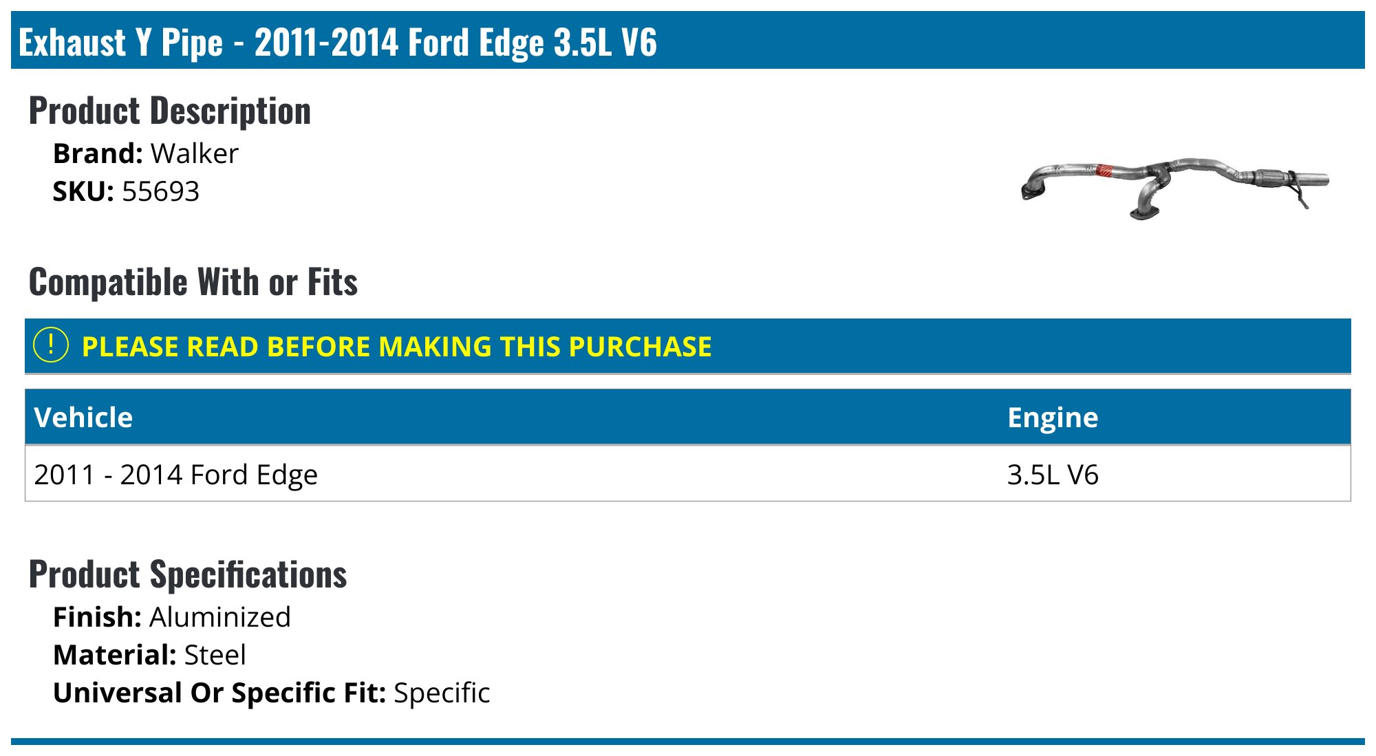 2011-2014 Ford Edge Exhaust Y Pipe - Walker 55693 - PartsGeek.com