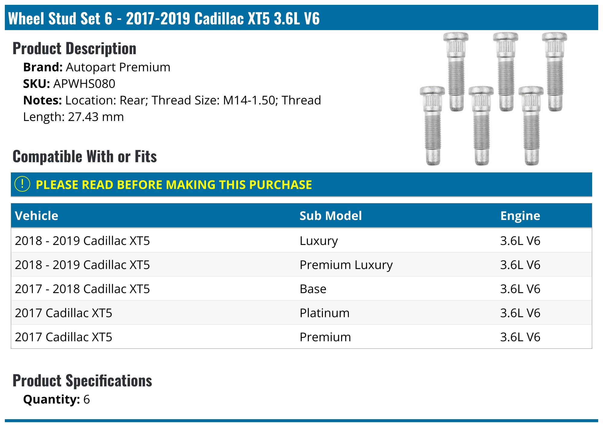 2017-2019 Cadillac XT5 Lug Bolt - Autopart Premium APWHS080 - PartsGeek.com