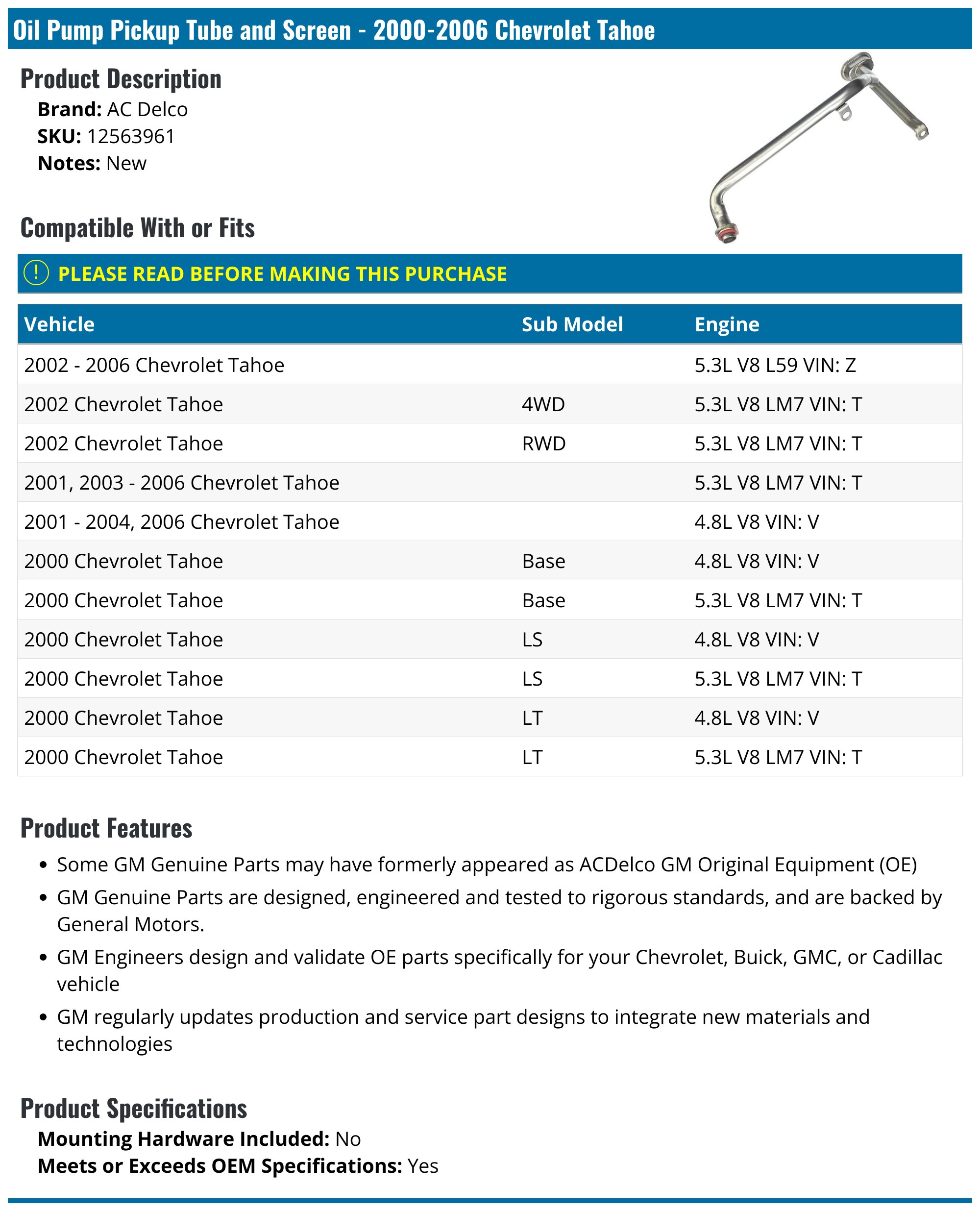 2000-2006 Chevrolet Tahoe Oil Pump Pickup Tube and Screen - AC Delco ...
