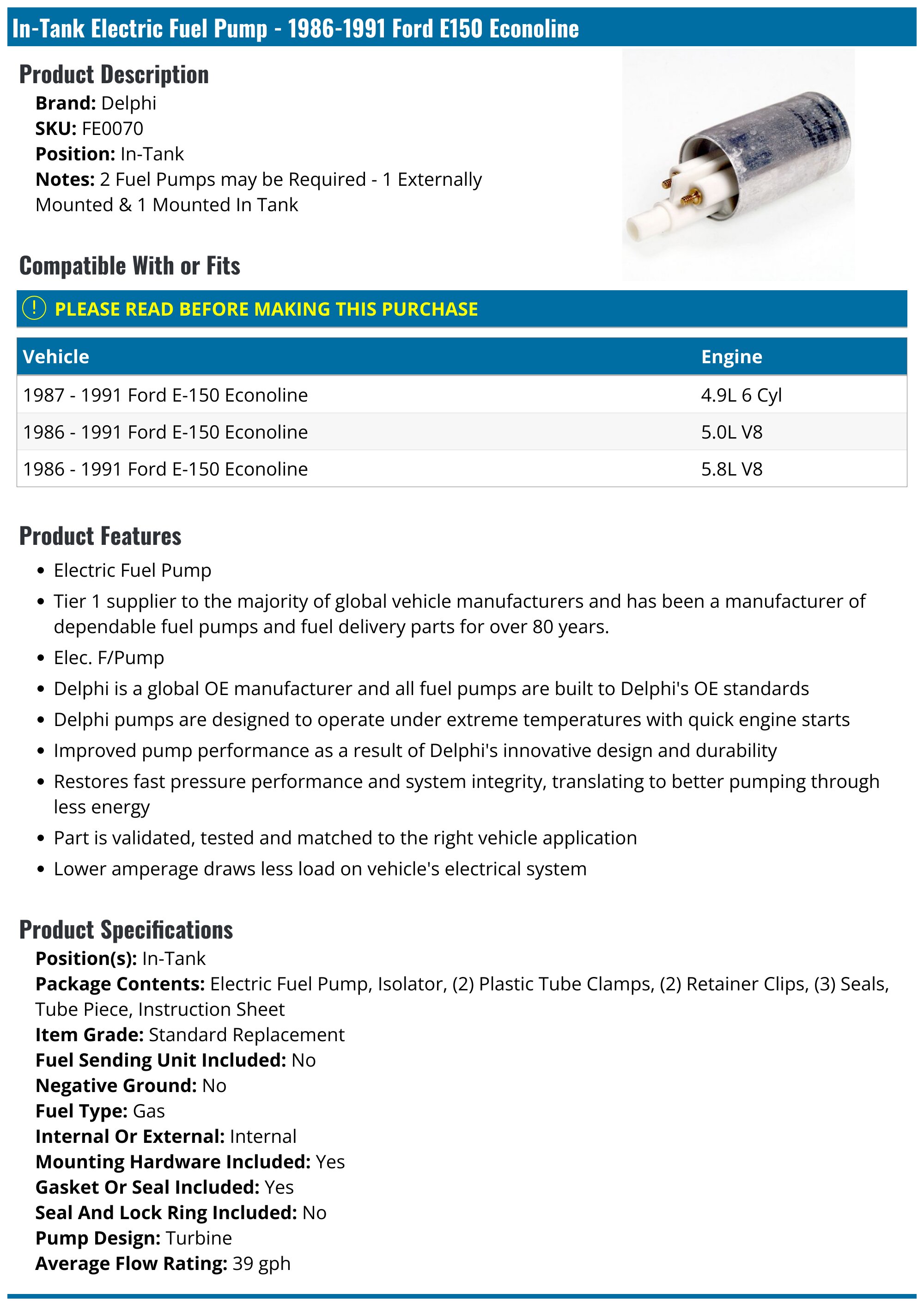 1986-1991 Ford E150 Econoline Fuel Pump - Delphi FE0070 - In-Tank ...