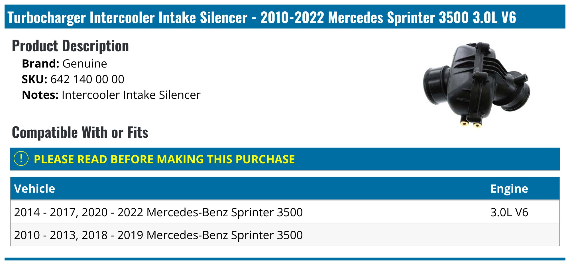 2010-2022 Mercedes Sprinter 3500 Turbocharger Intercooler Intake ...