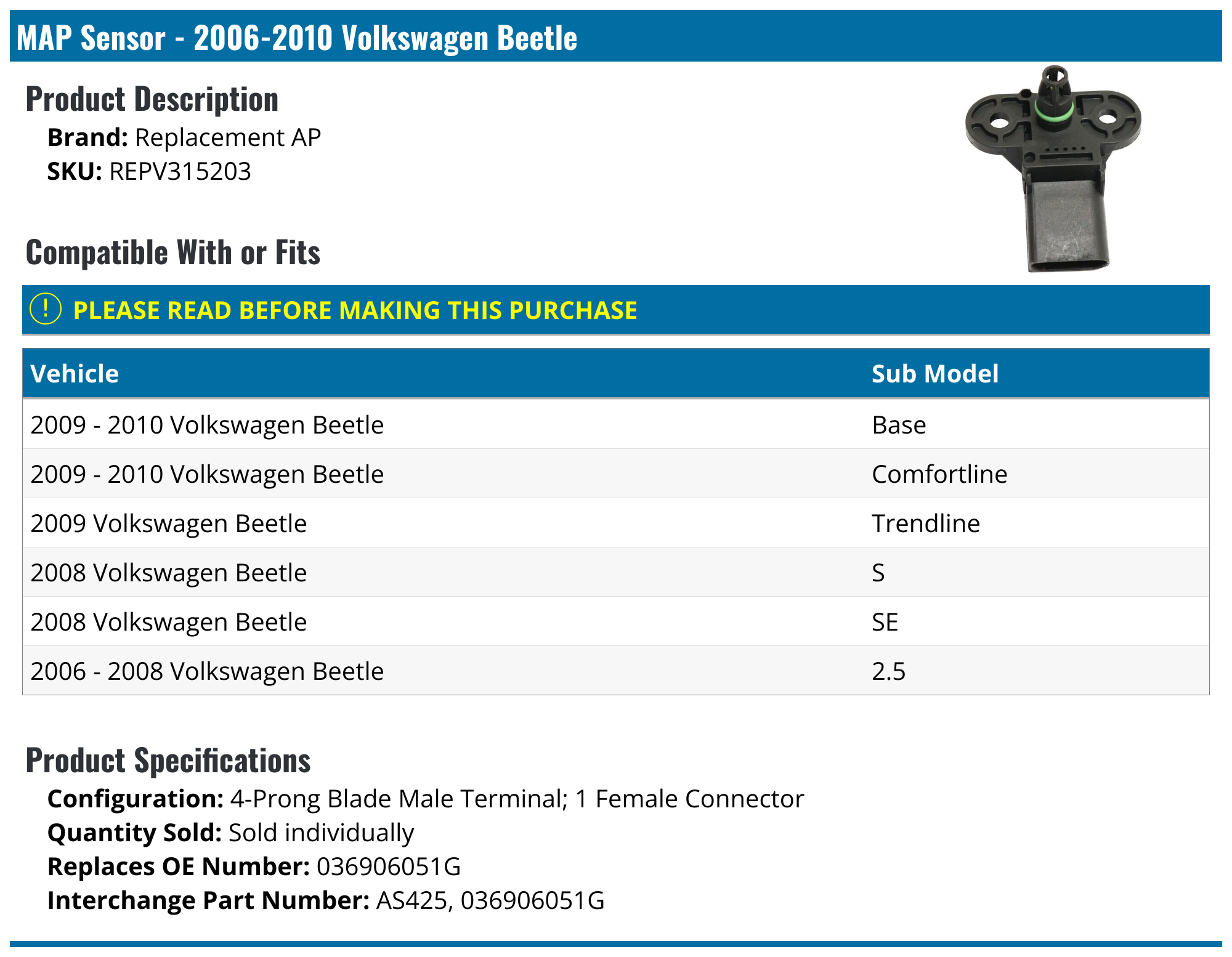 2006-2010 Volkswagen Beetle MAP Sensor - Replacement AP REPV315203 ...