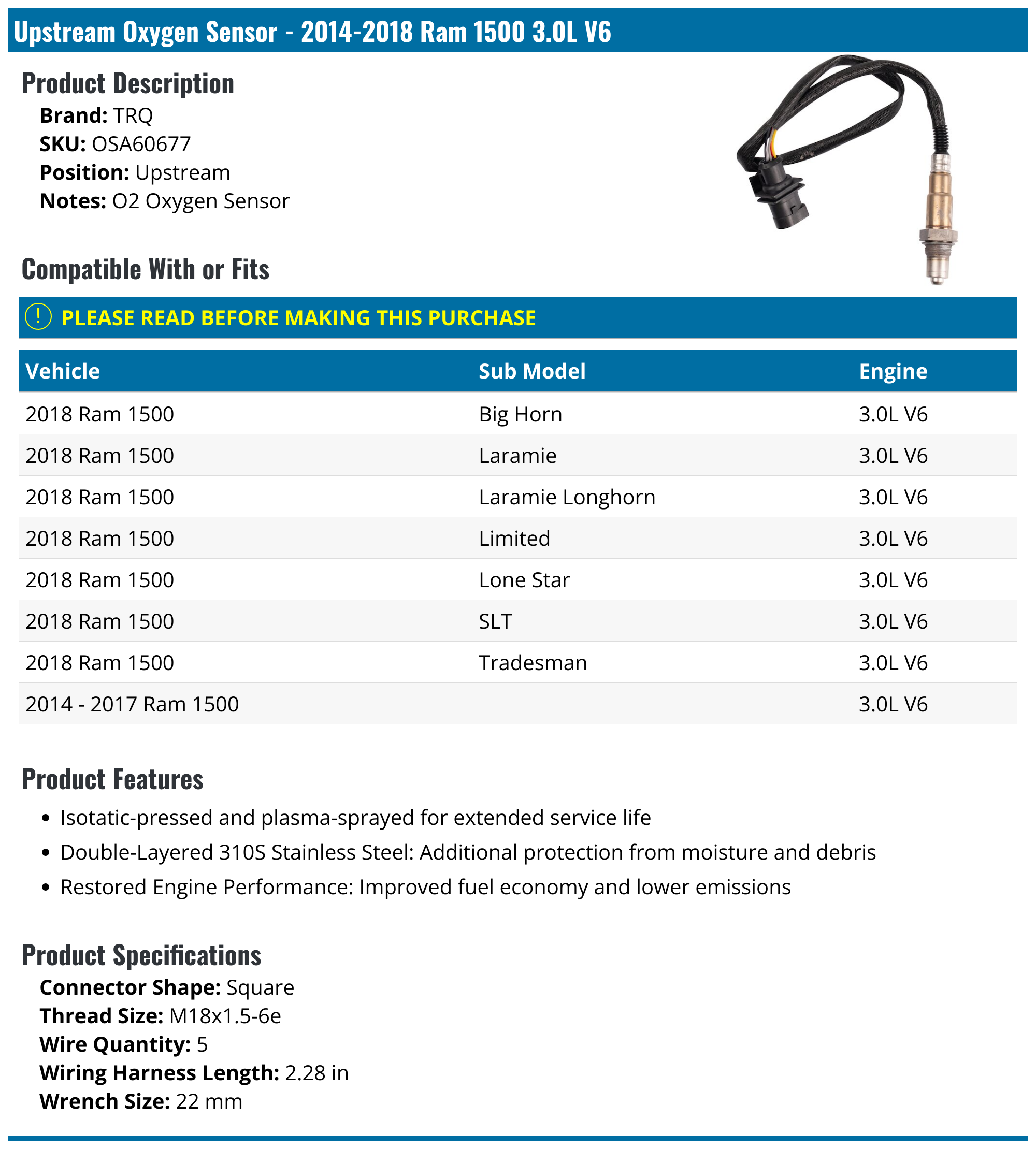 2014-2018, 2020-2022 Ram 1500 Oxygen Sensor - TRQ OSA60677 - Upstream ...