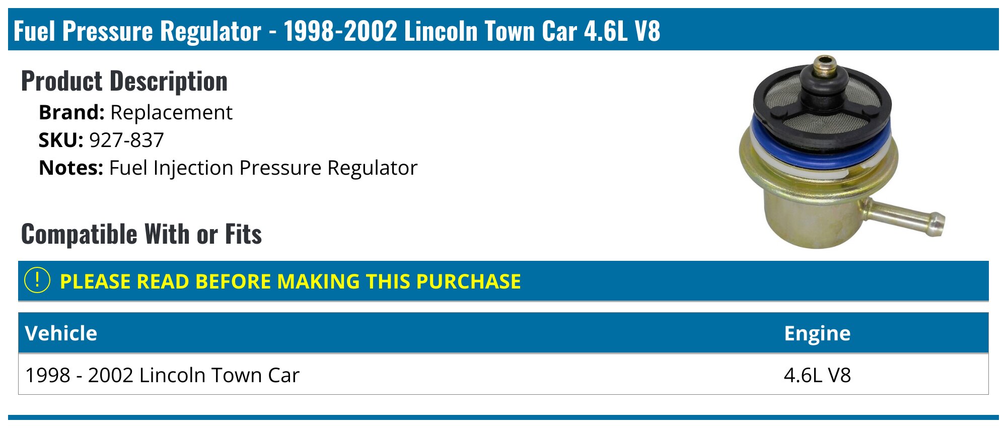 1998-2002 Lincoln Town Car Fuel Pressure Regulator - Replacement 927 ...
