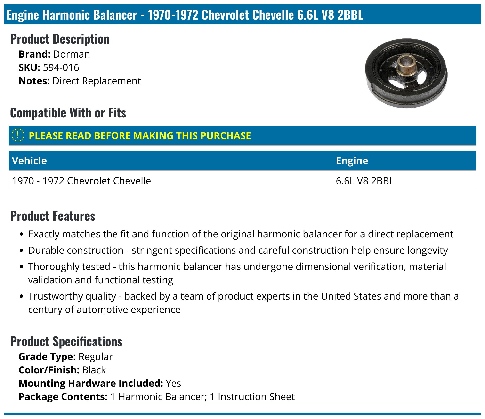 1970-1972 Chevrolet Chevelle Engine Harmonic Balancer - Dorman 594-016 ...