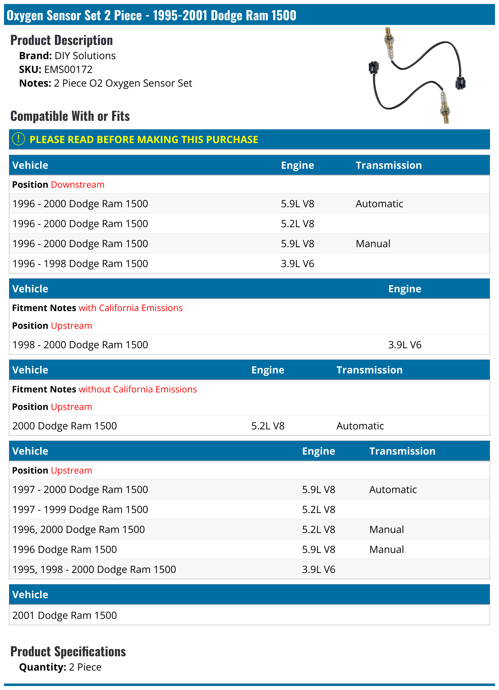 1995-2001 Dodge Ram 1500 Oxygen Sensor - DIY Solutions EMS00172 ...