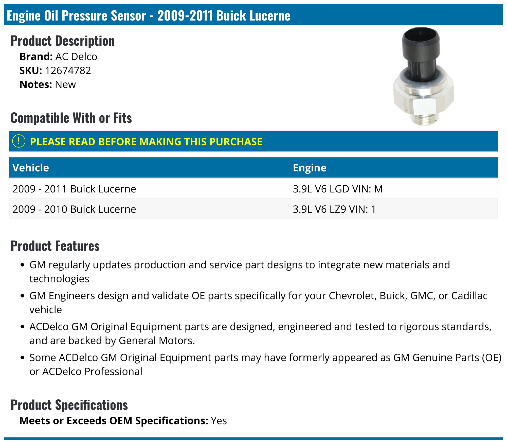 2009-2011 Buick Lucerne Engine Oil Pressure Sensor - AC Delco 12674782 ...