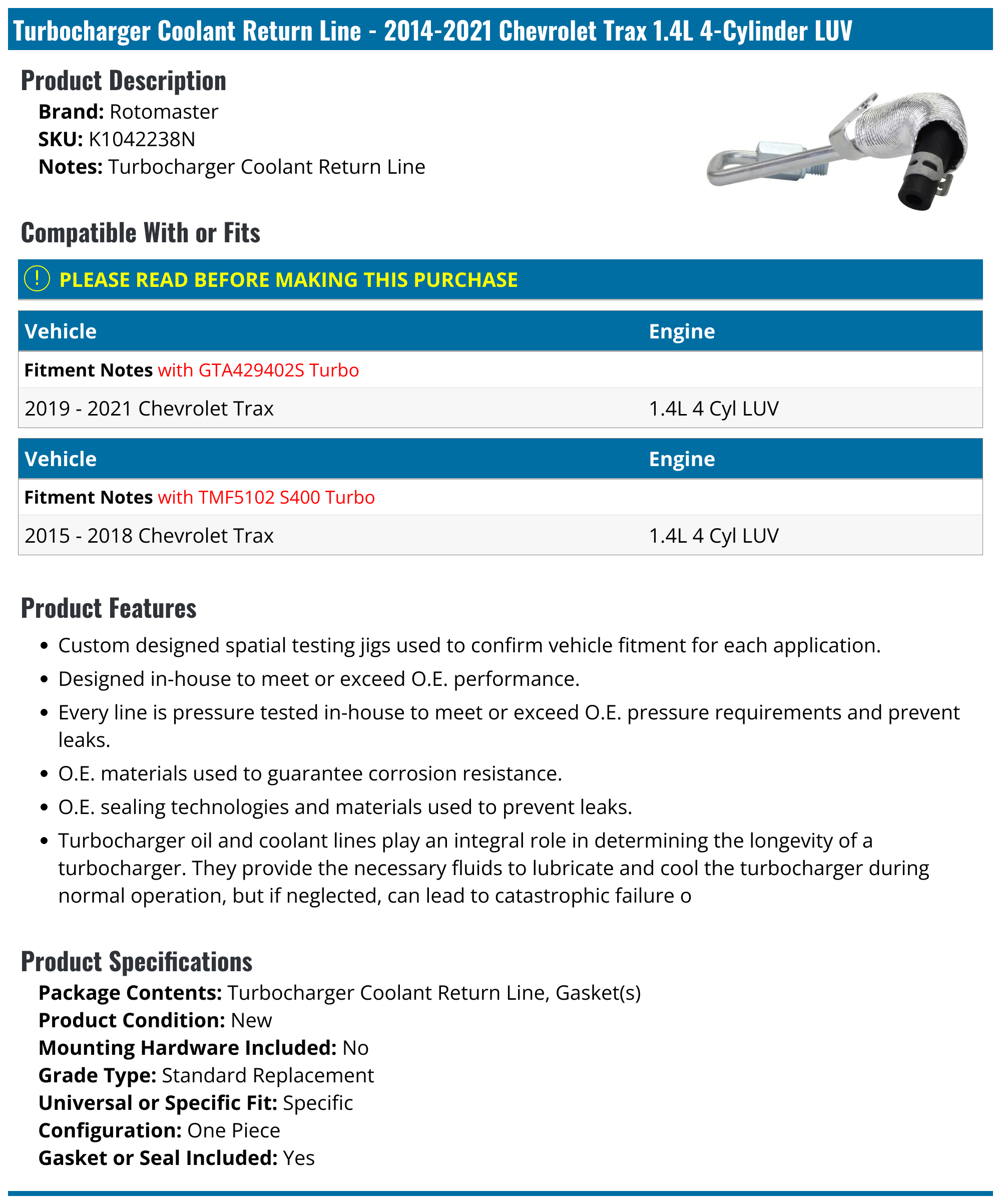 2014-2021 Chevrolet Trax Turbocharger Coolant Return Line - Rotomaster ...