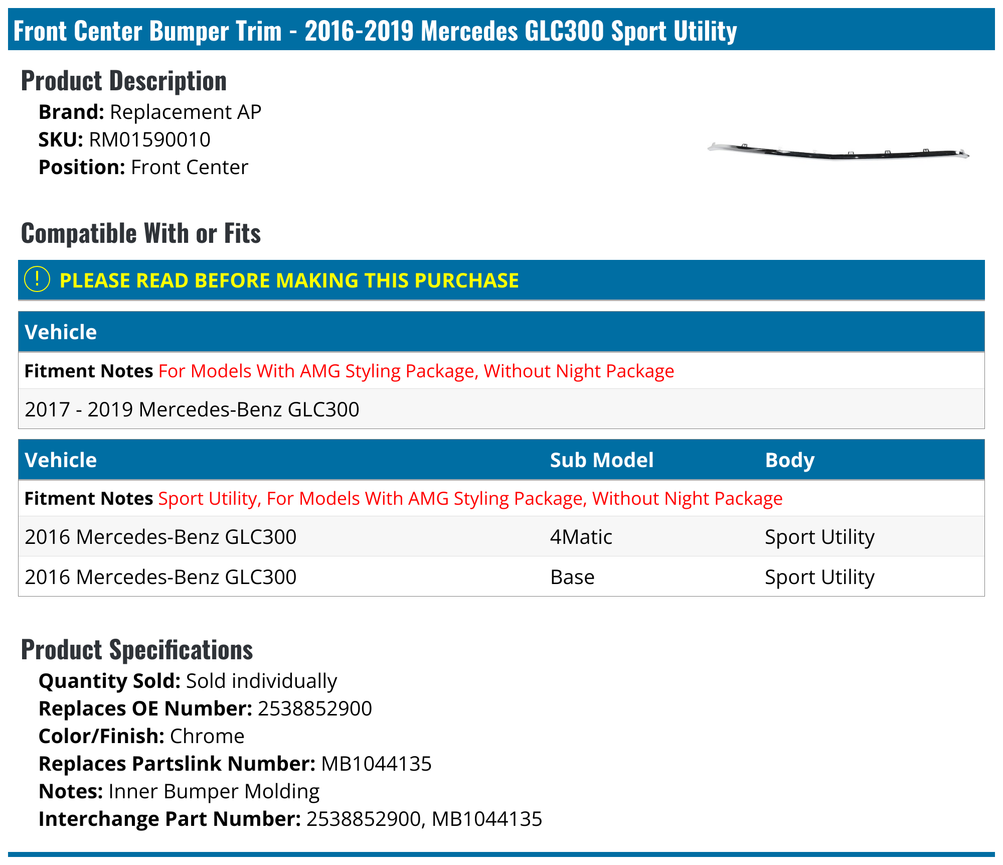 2016-2019 Mercedes GLC300 Bumper Trim - Replacement AP RM01590010 ...