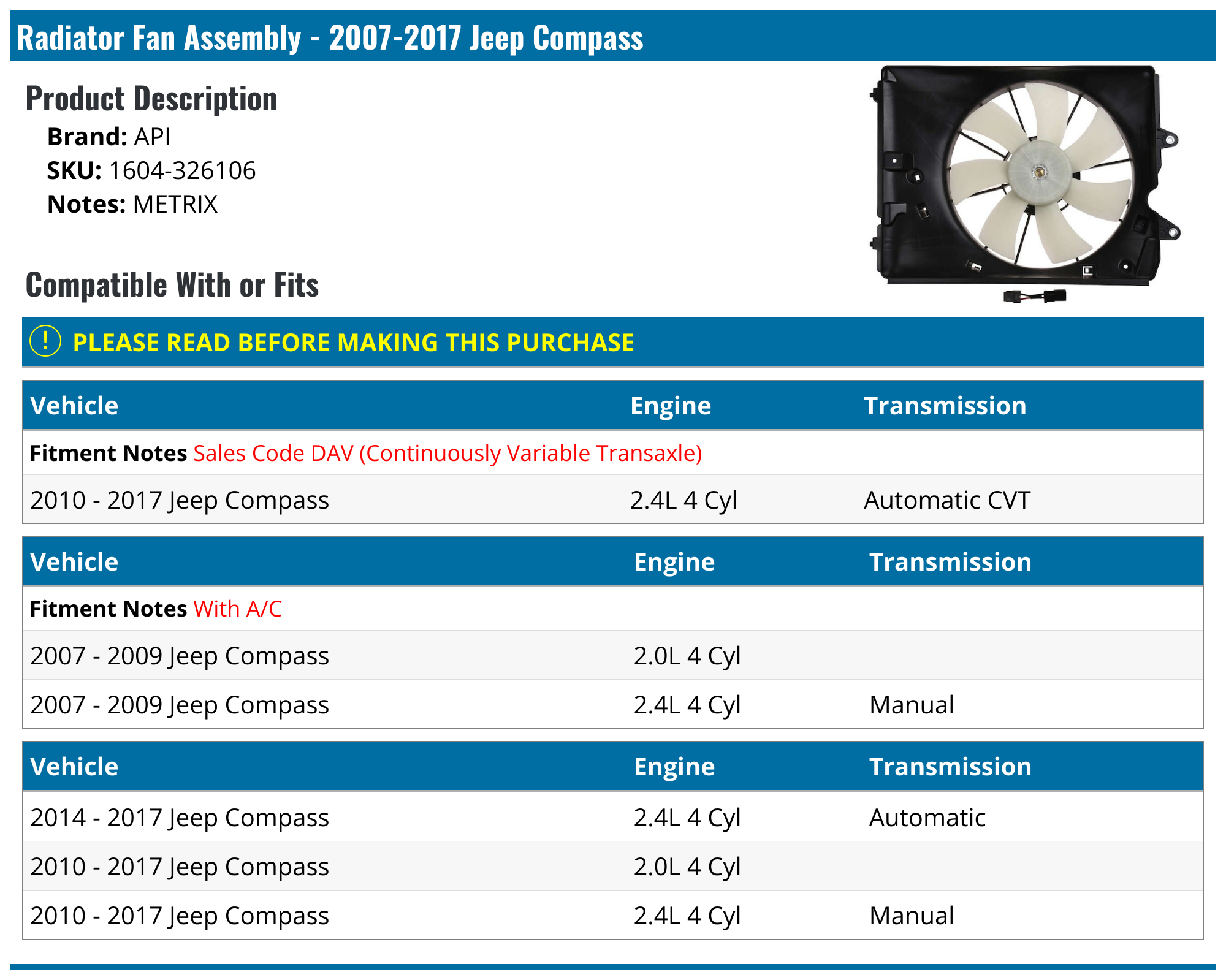 2007-2017 Jeep Compass Radiator Fan Assembly - API 19026-02204335 ...