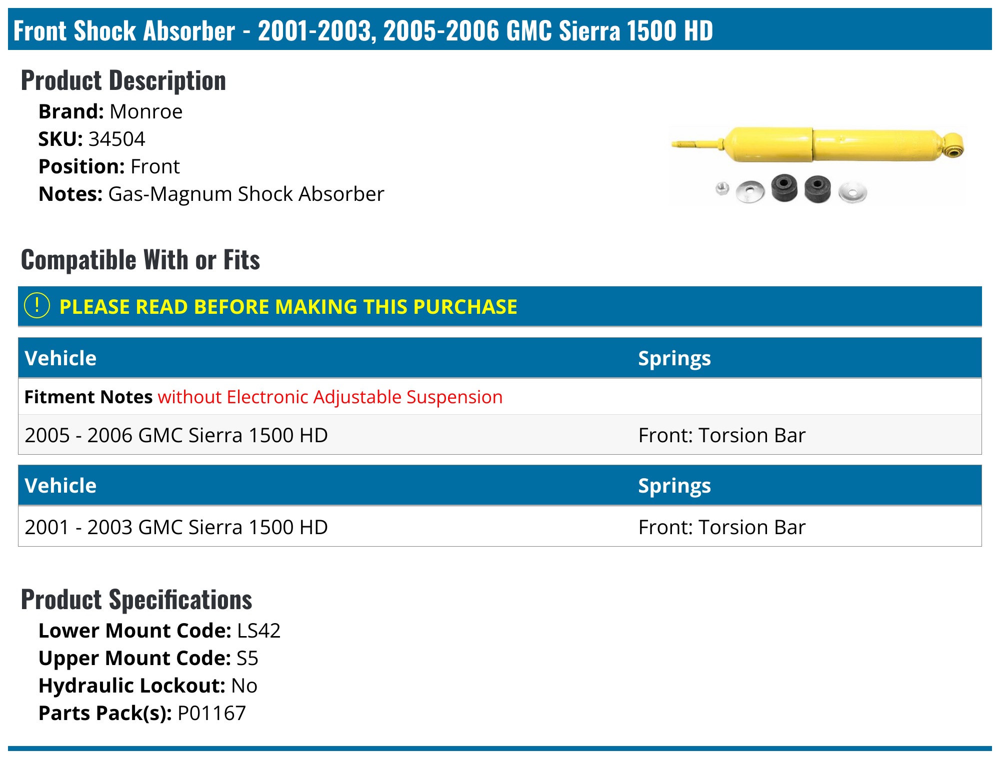 2001-2003, 2005-2006 GMC Sierra 1500 HD Shock Absorber - Monroe 34504 ...