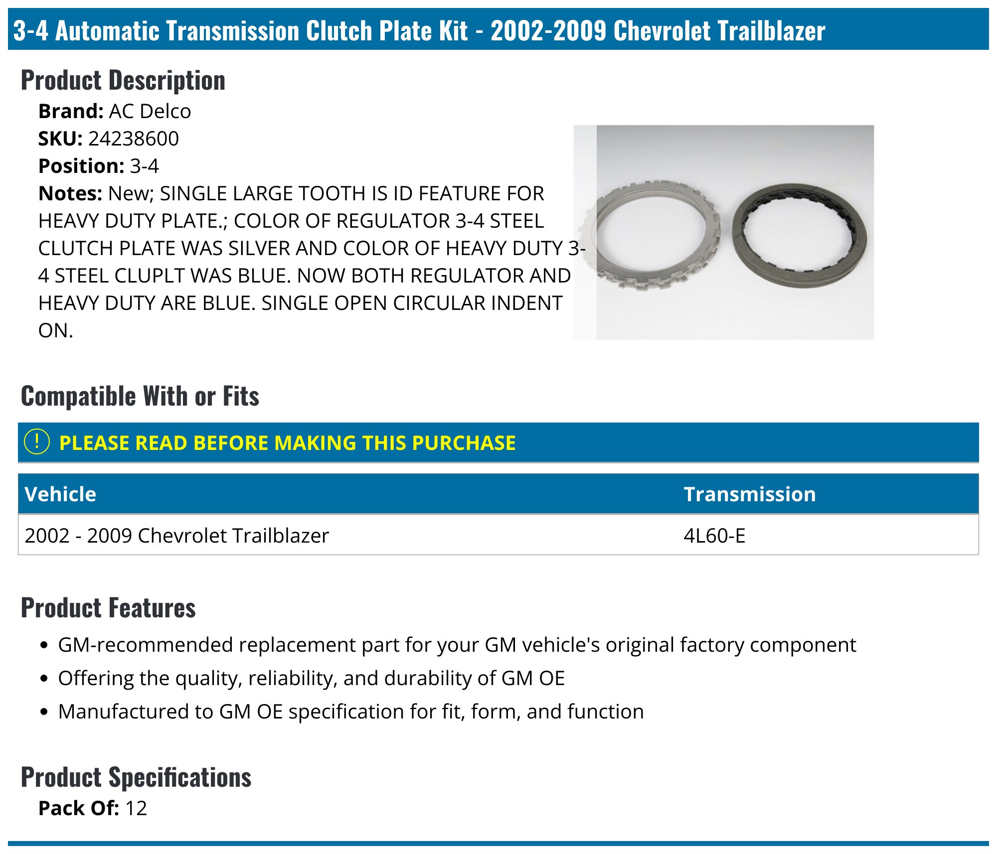 2002-2009 Chevrolet Trailblazer Automatic Transmission Clutch Plate Kit ...