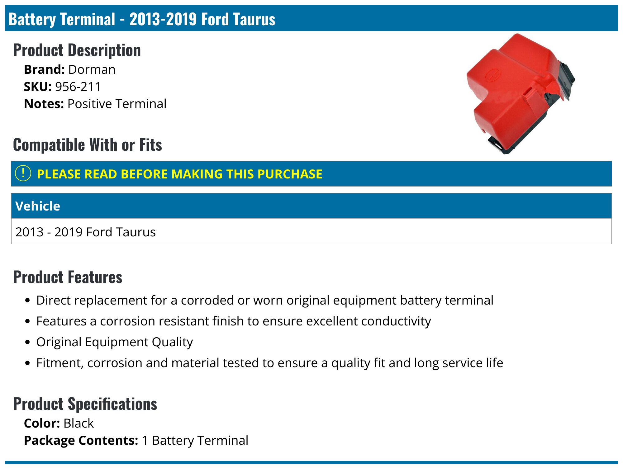 2013-2019 Ford Taurus Battery Terminal - Dorman 956-211 - PartsGeek.com
