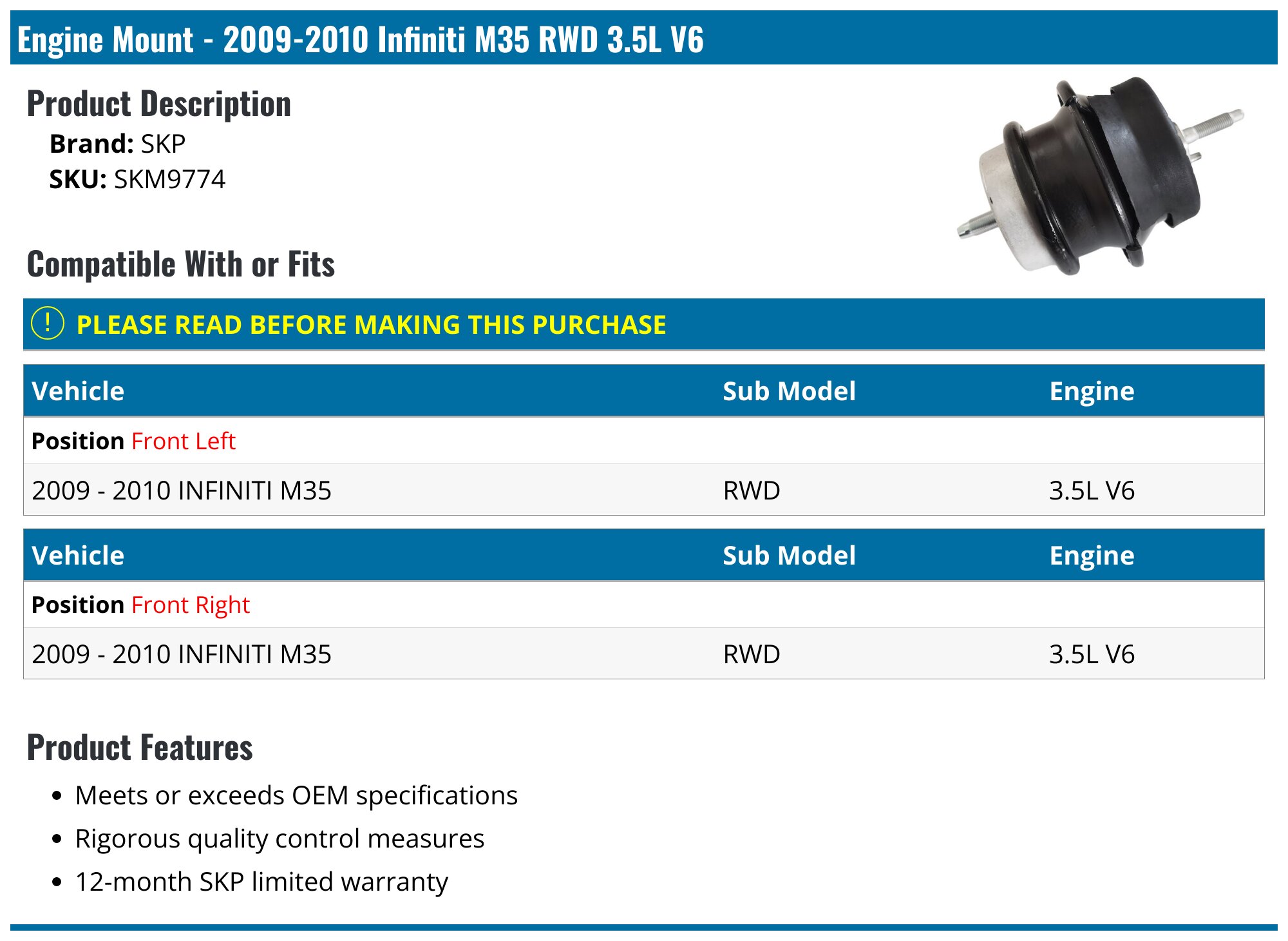 2009-2010 Infiniti M35 Engine Mount - SKP SKM9774 - Front Left ...