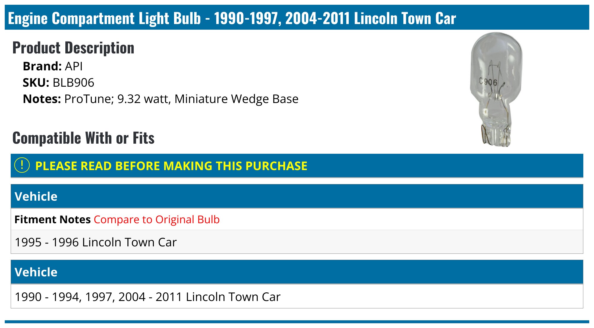 1990-1997, 2004-2011 Lincoln Town Car Engine Compartment Light Bulb ...