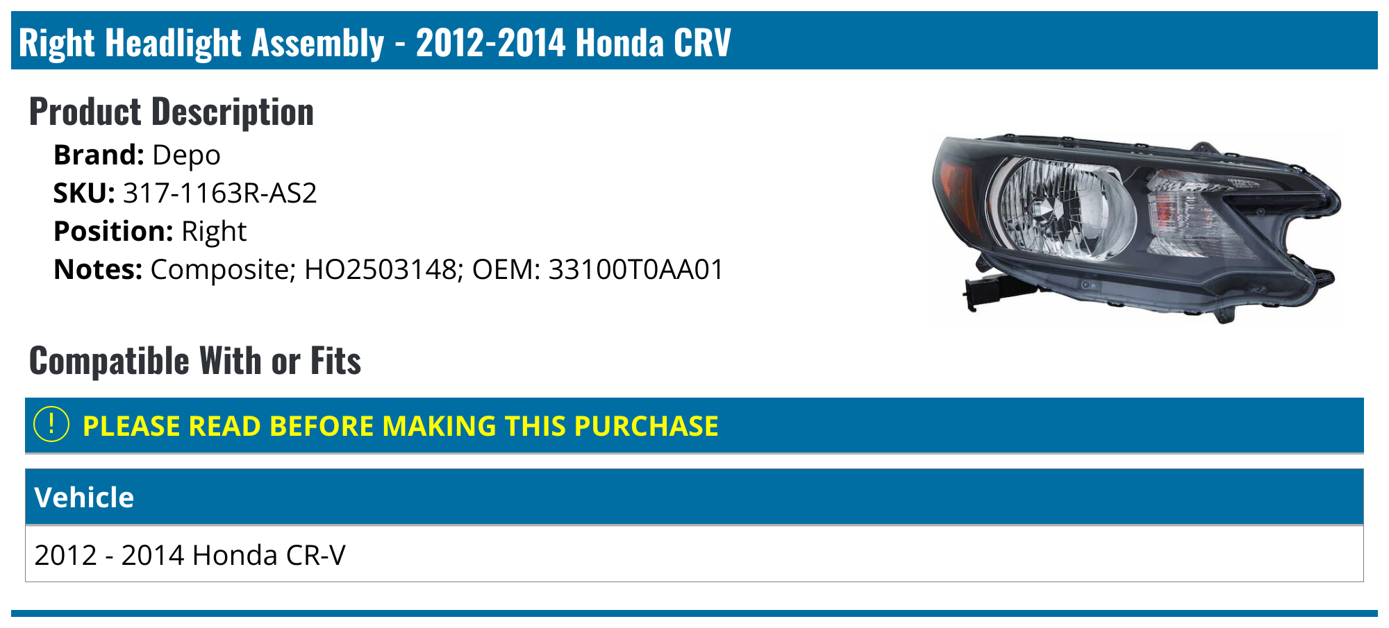 2012-2014 Honda CRV Headlight Assembly - Depo 317-1163R-AS2 - Right ...