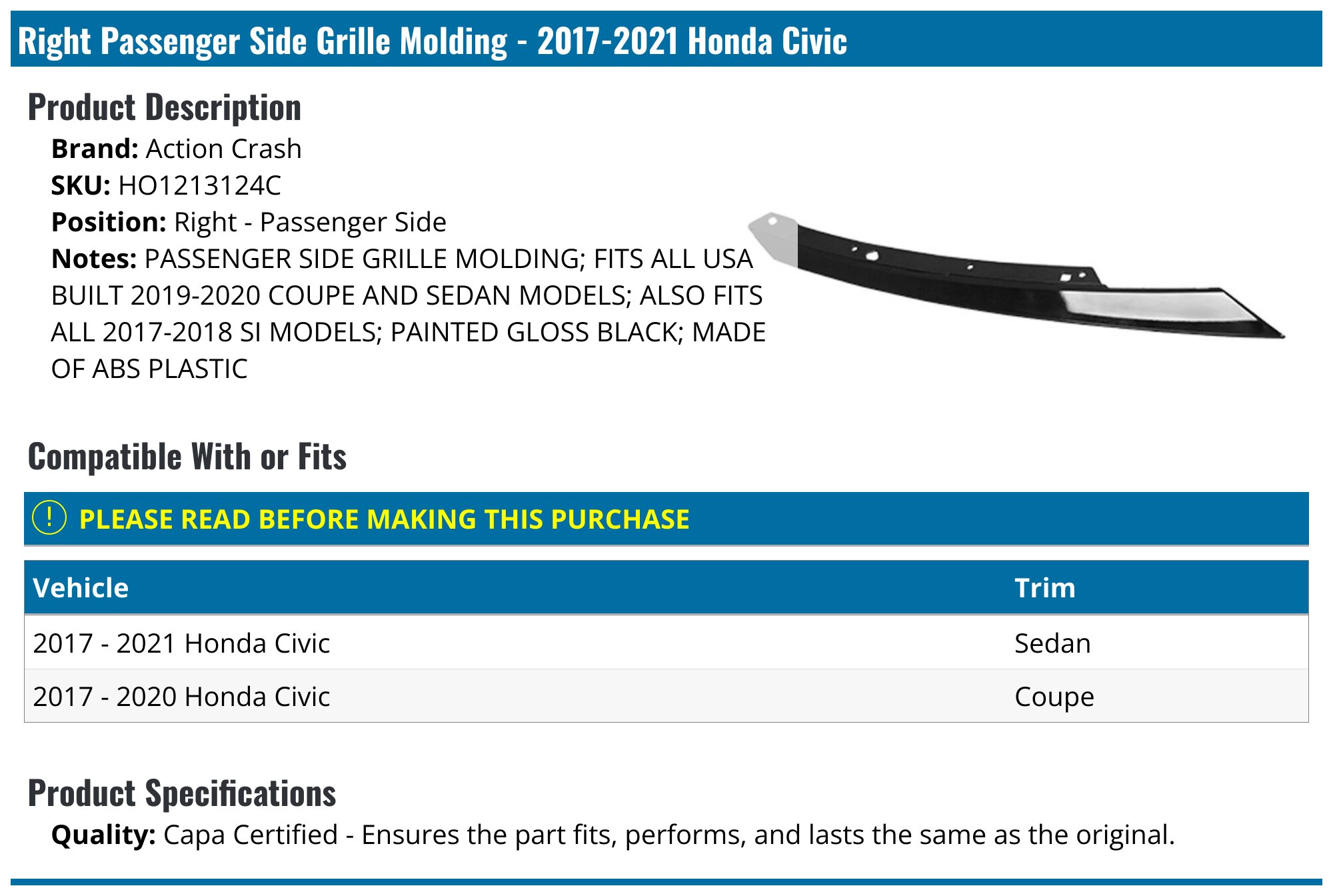 2017-2021 Honda Civic Grille Molding - Action Crash HO1213124C - Right ...