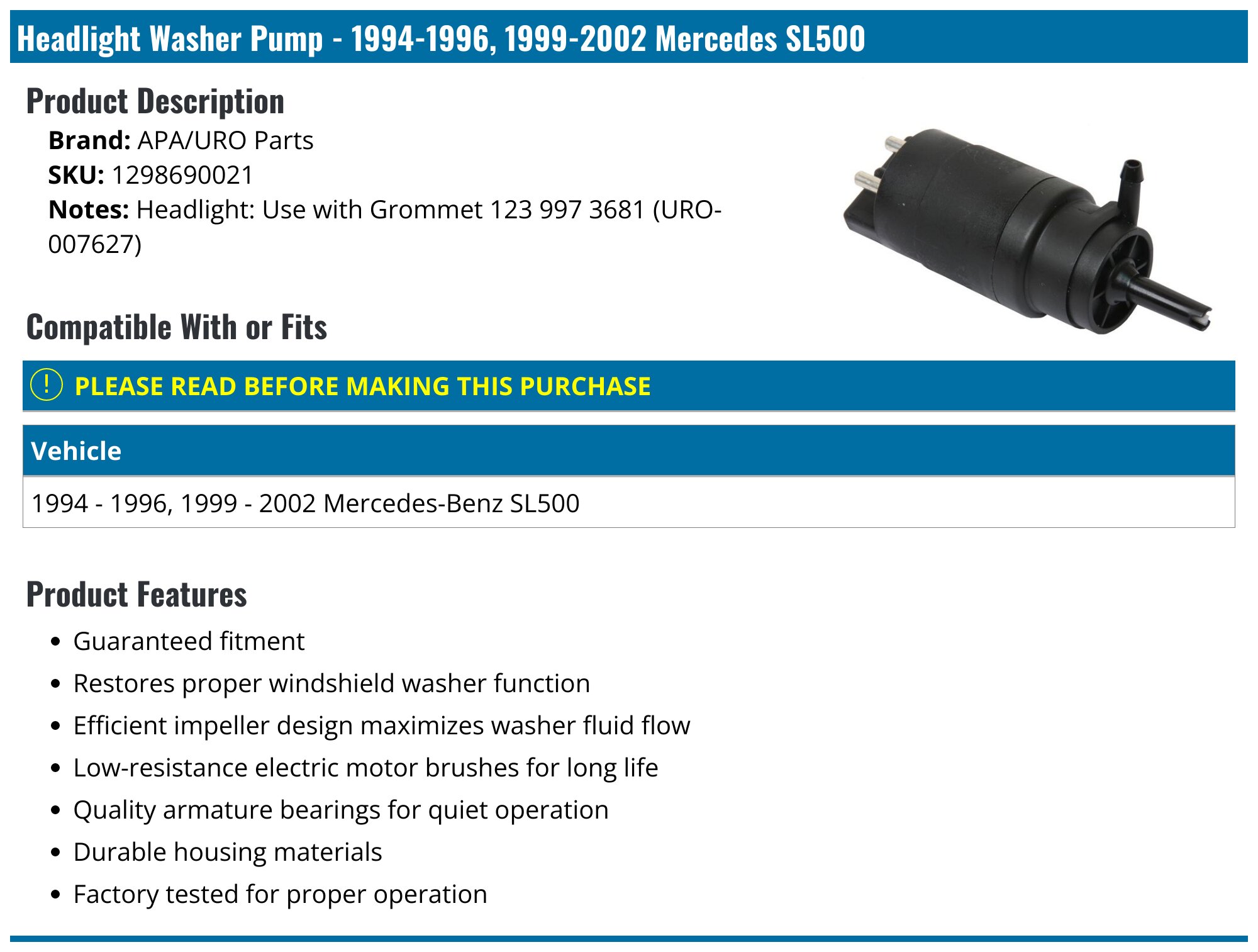 1994-1996, 1999-2002 Mercedes SL500 Headlight Washer Pump - APA/URO ...