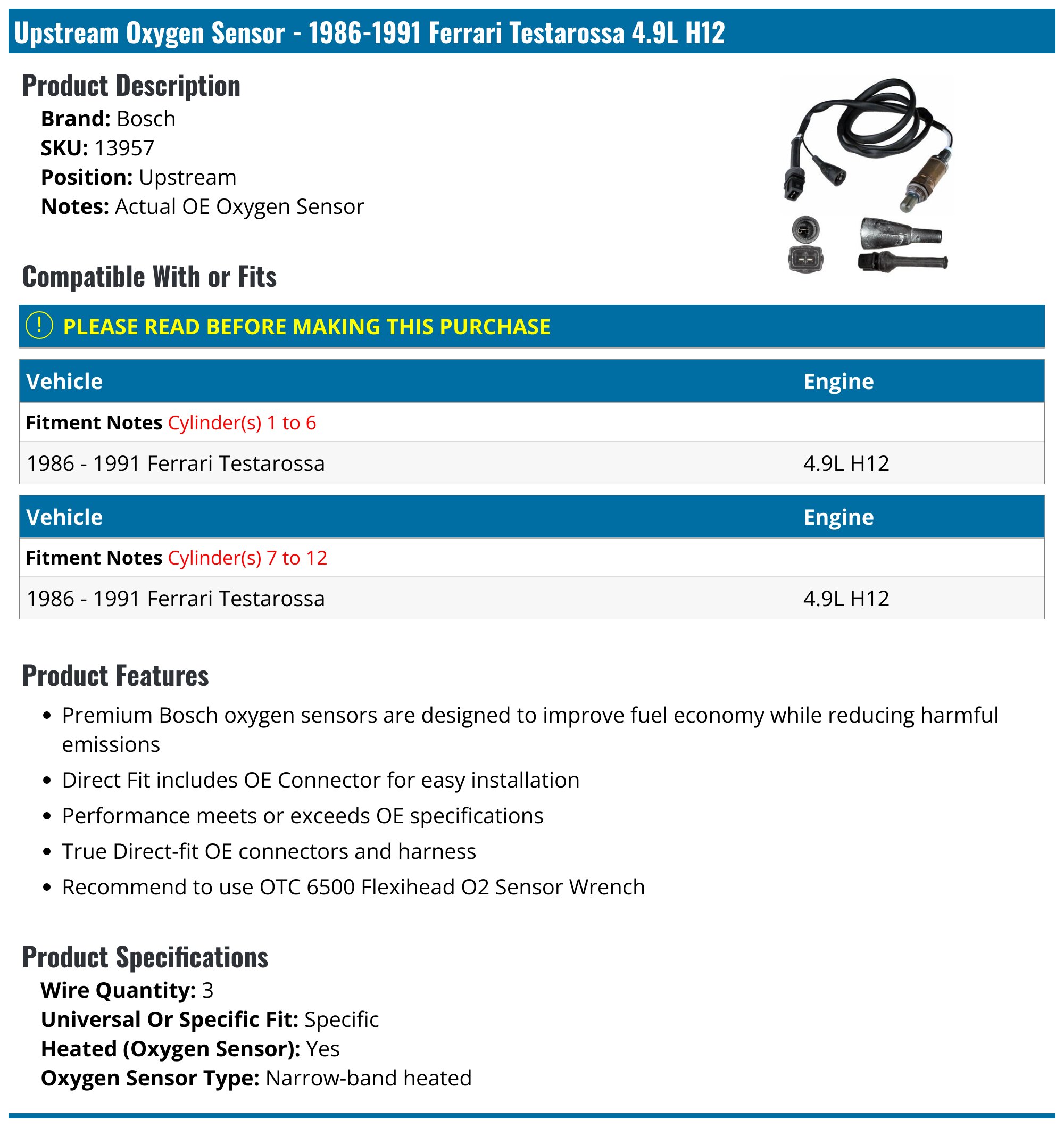 1986-1991 Ferrari Testarossa Oxygen Sensor - Bosch 13957 - Upstream ...
