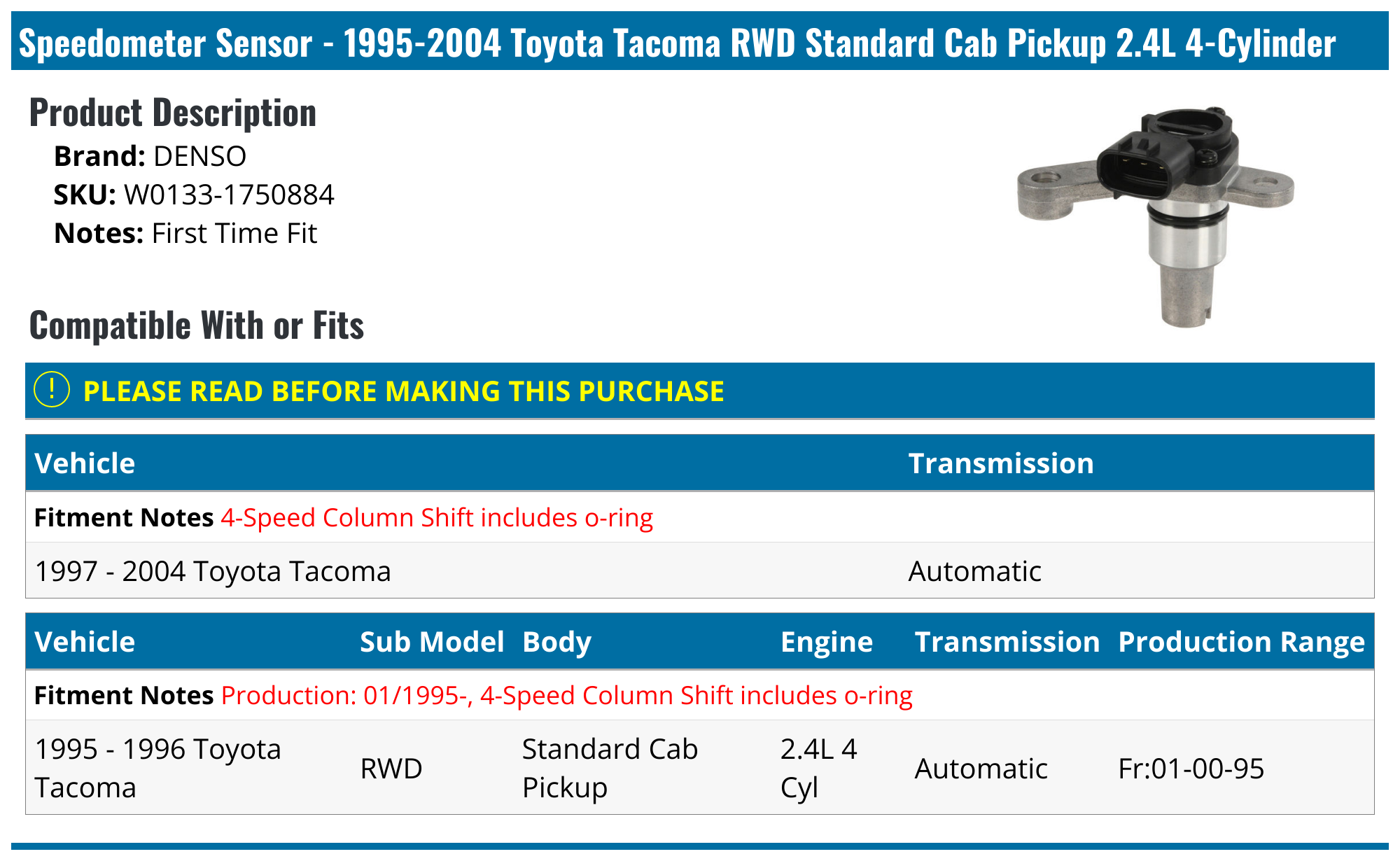 1995-2004 Toyota Tacoma Speedometer Sensor - Denso W0133-1750884 ...