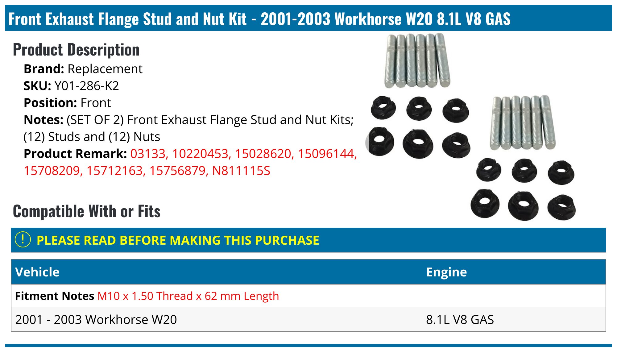 2001-2003 Workhorse W20 Exhaust Flange Stud and Nut - Replacement Y01 ...