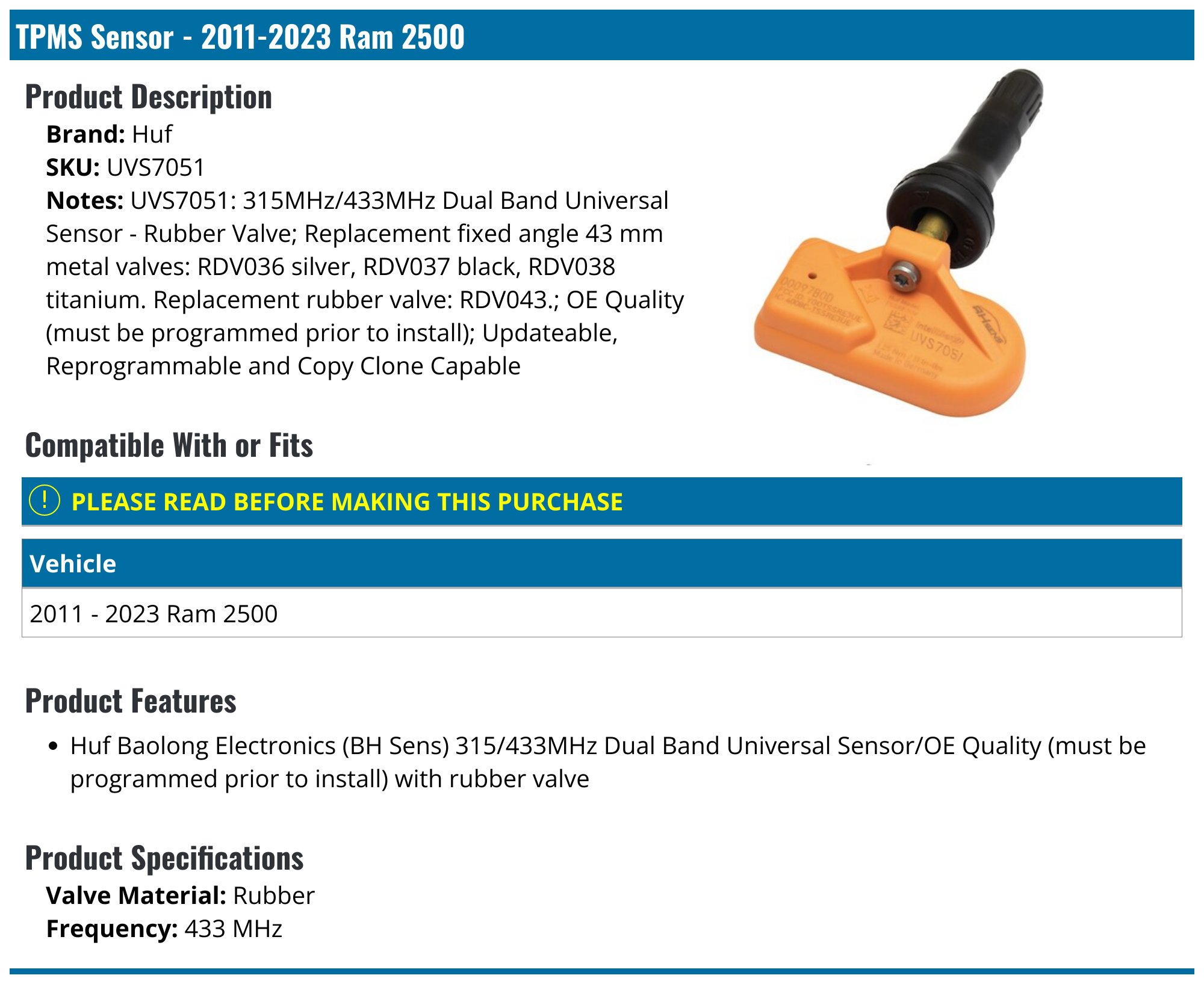 2011-2024 Ram 2500 Tire Pressure Monitoring Sensor - Huf UVS7051 ...