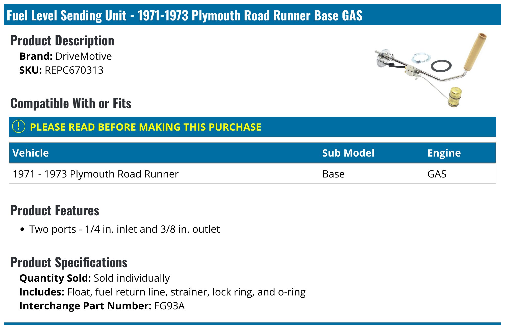 1971-1973 Plymouth Road Runner Fuel Tank Sending Unit - DriveMotive ...