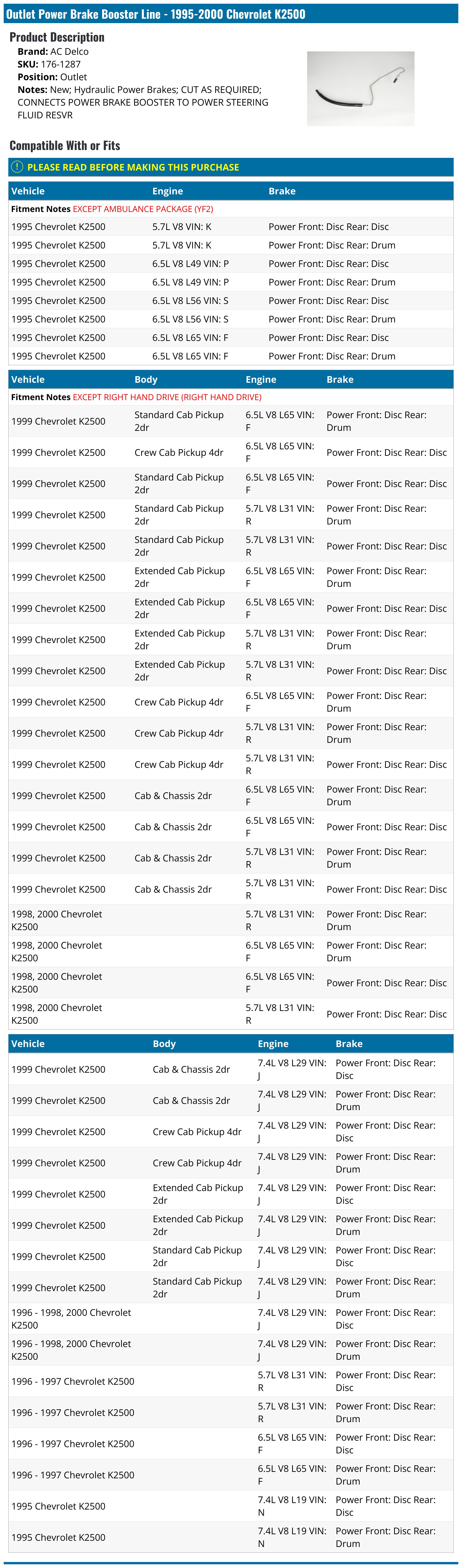1995-2000 Chevrolet K2500 Power Brake Booster Line - AC Delco 176-1287 ...