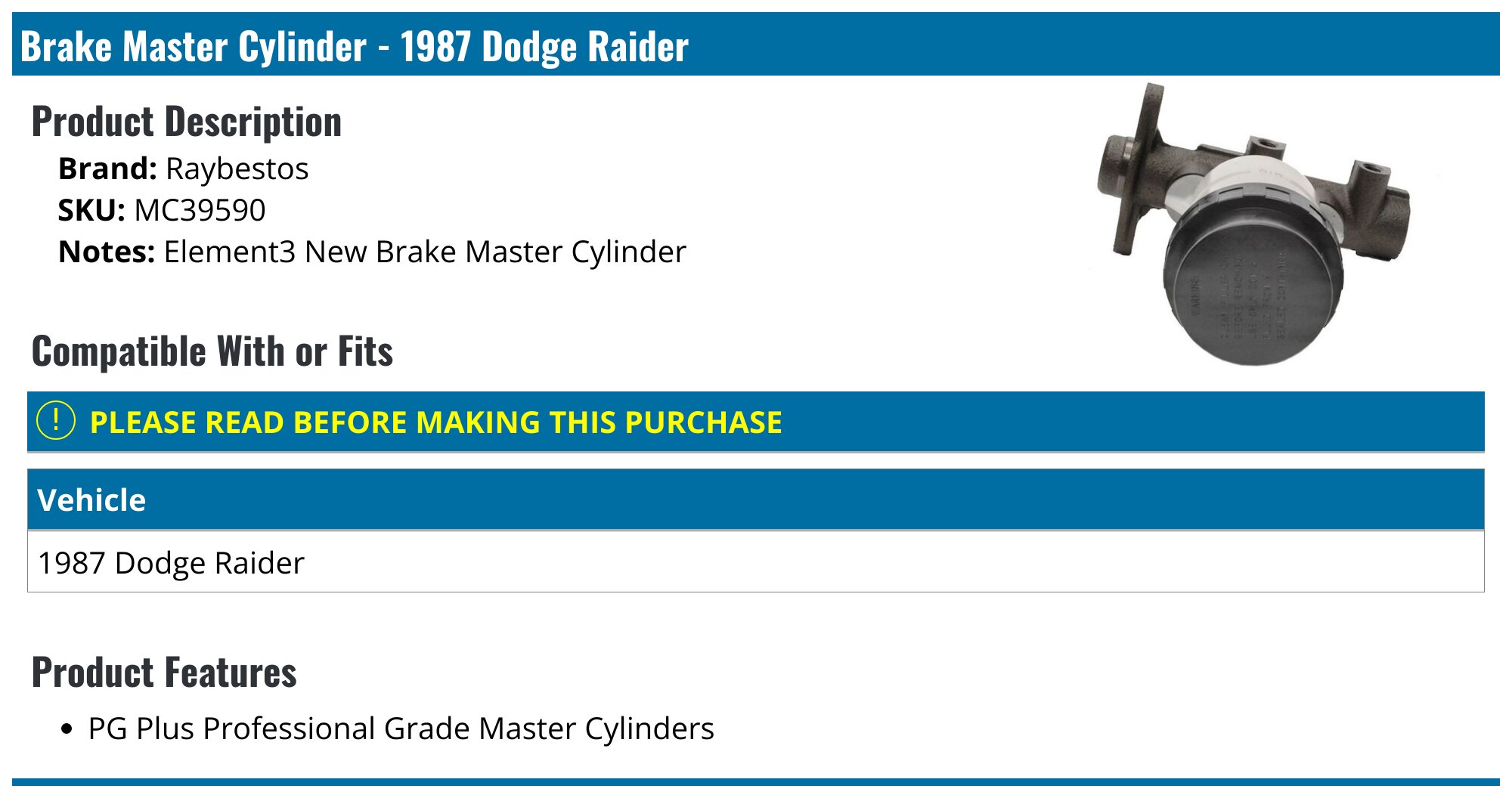 1987 Dodge Raider Brake Master Cylinder - Raybestos MC39590 - PartsGeek.com