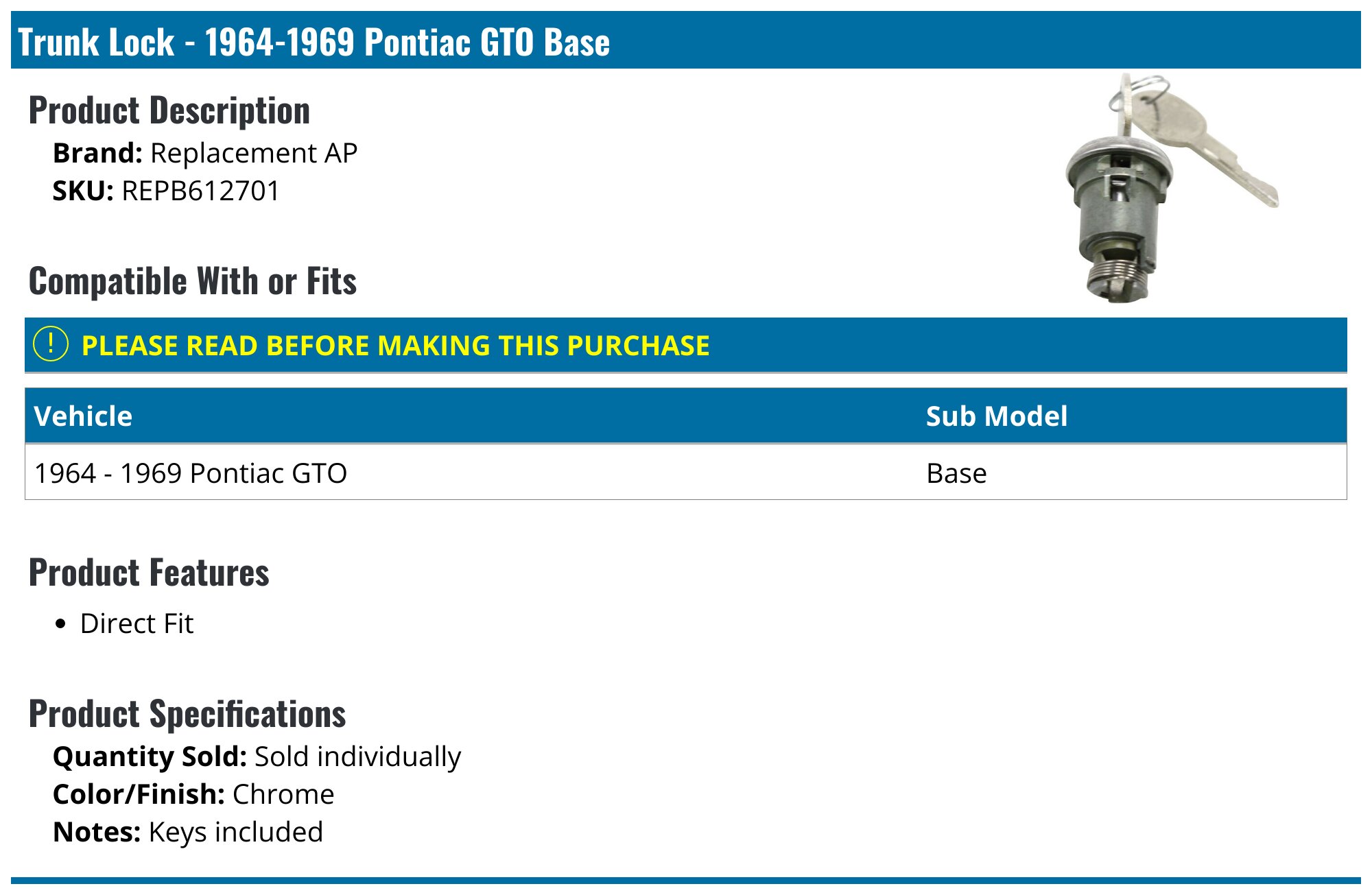 1964-1969 Pontiac GTO Trunk Lock - Replacement AP REPB612701 ...