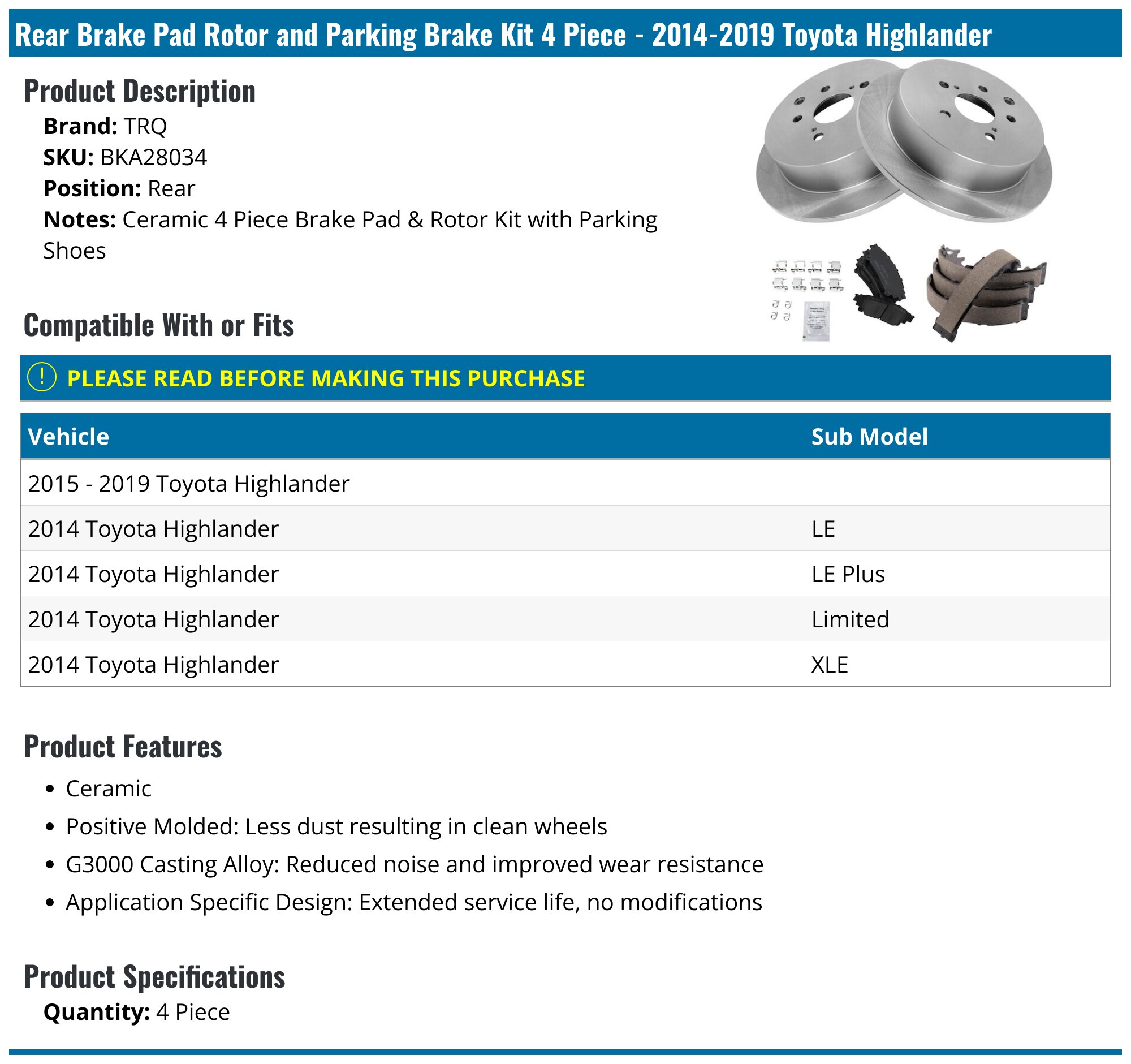 2014-2019 Toyota Highlander Brake Rotor - TRQ BKA28034 - Rear ...