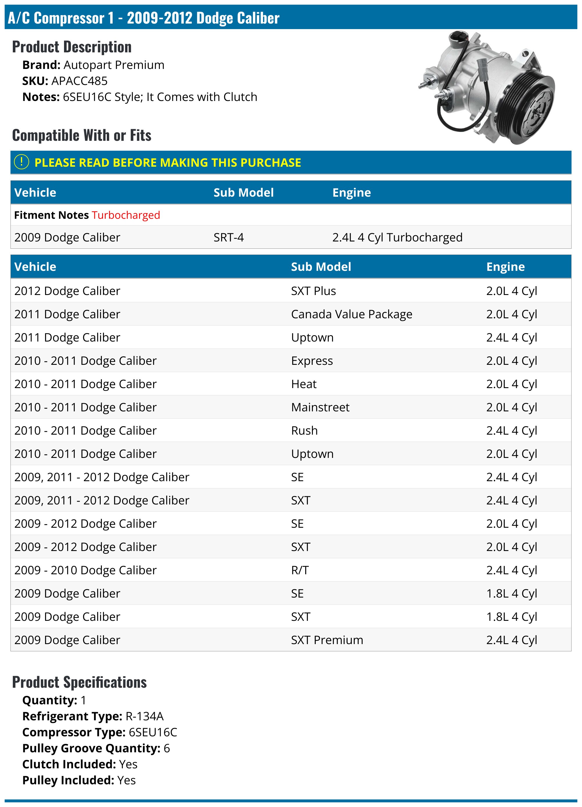 2009-2012 Dodge Caliber A/C Compressor - Autopart Premium APACC485 ...