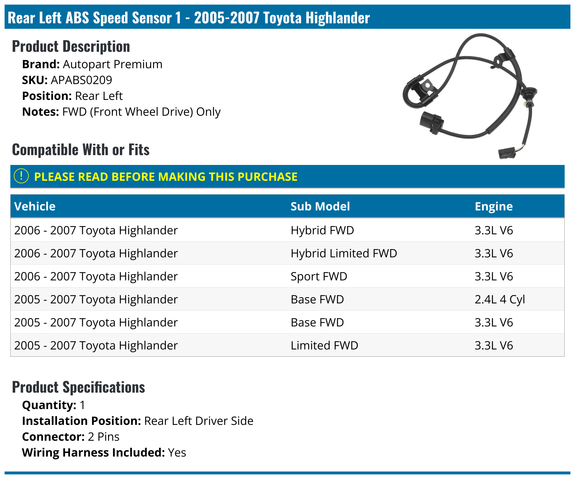 2005-2007 Toyota Highlander ABS Speed Sensor - Autopart Premium ...