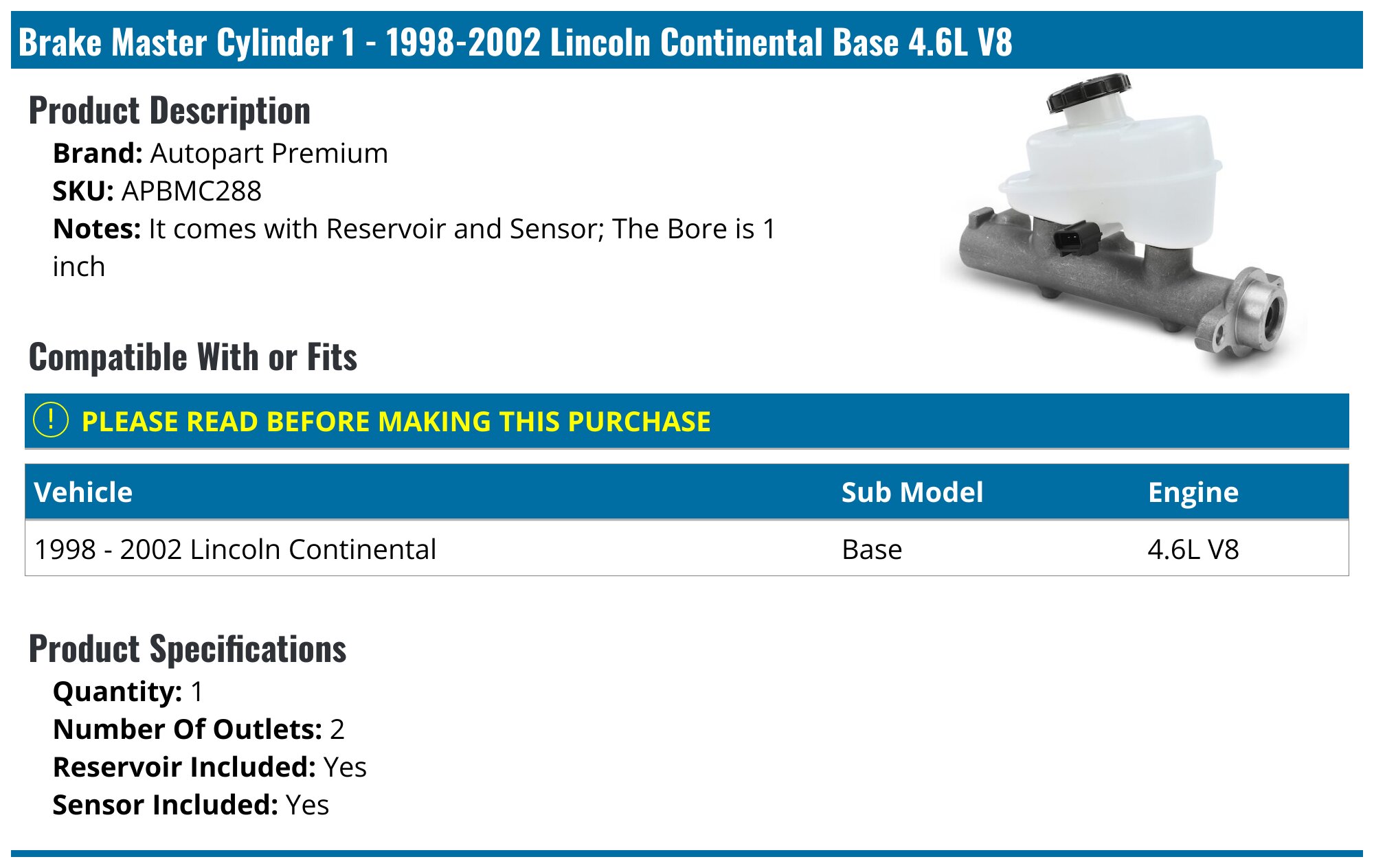 1998-2002 Lincoln Continental Brake Master Cylinder - Autopart Premium ...