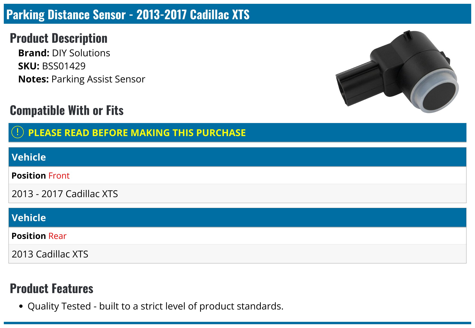 2013-2017 Cadillac XTS Parking Distance Sensor - DIY Solutions BSS01429 ...
