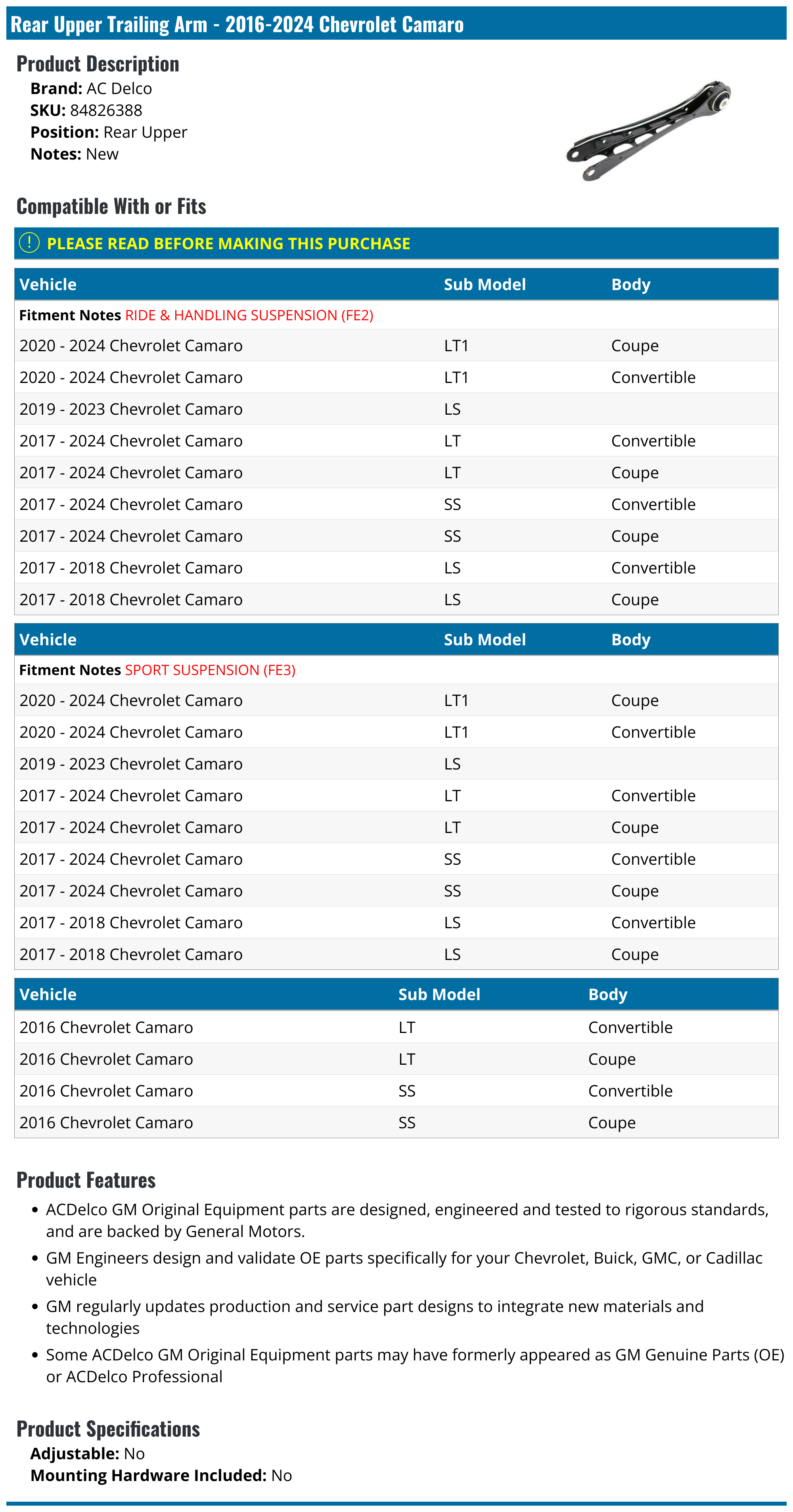 2016-2023 Chevrolet Camaro Trailing Arm - AC Delco 84826388 - Rear ...