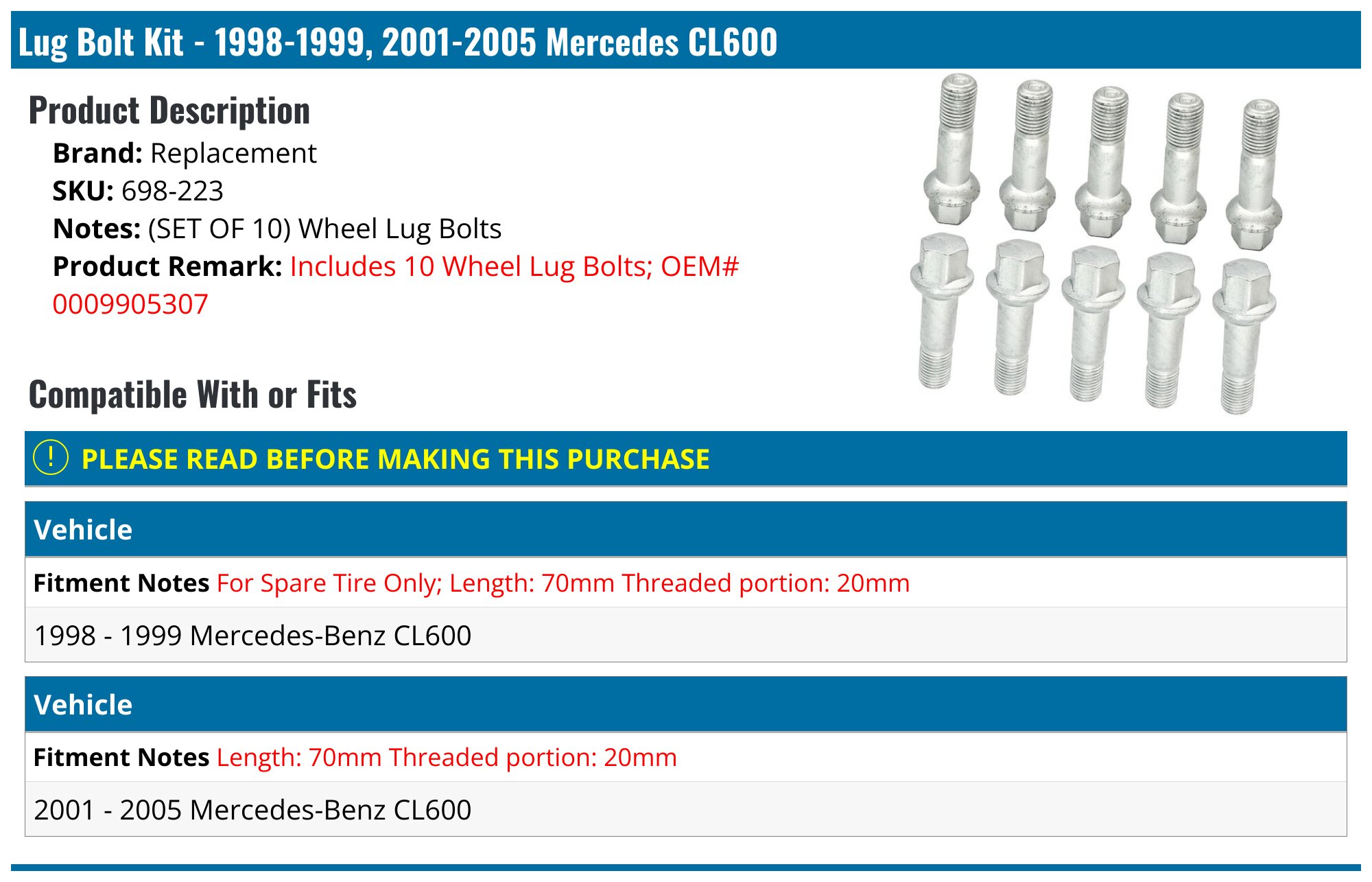 1998-1999, 2001-2005 Mercedes CL600 Lug Bolt - Replacement 698-223 ...