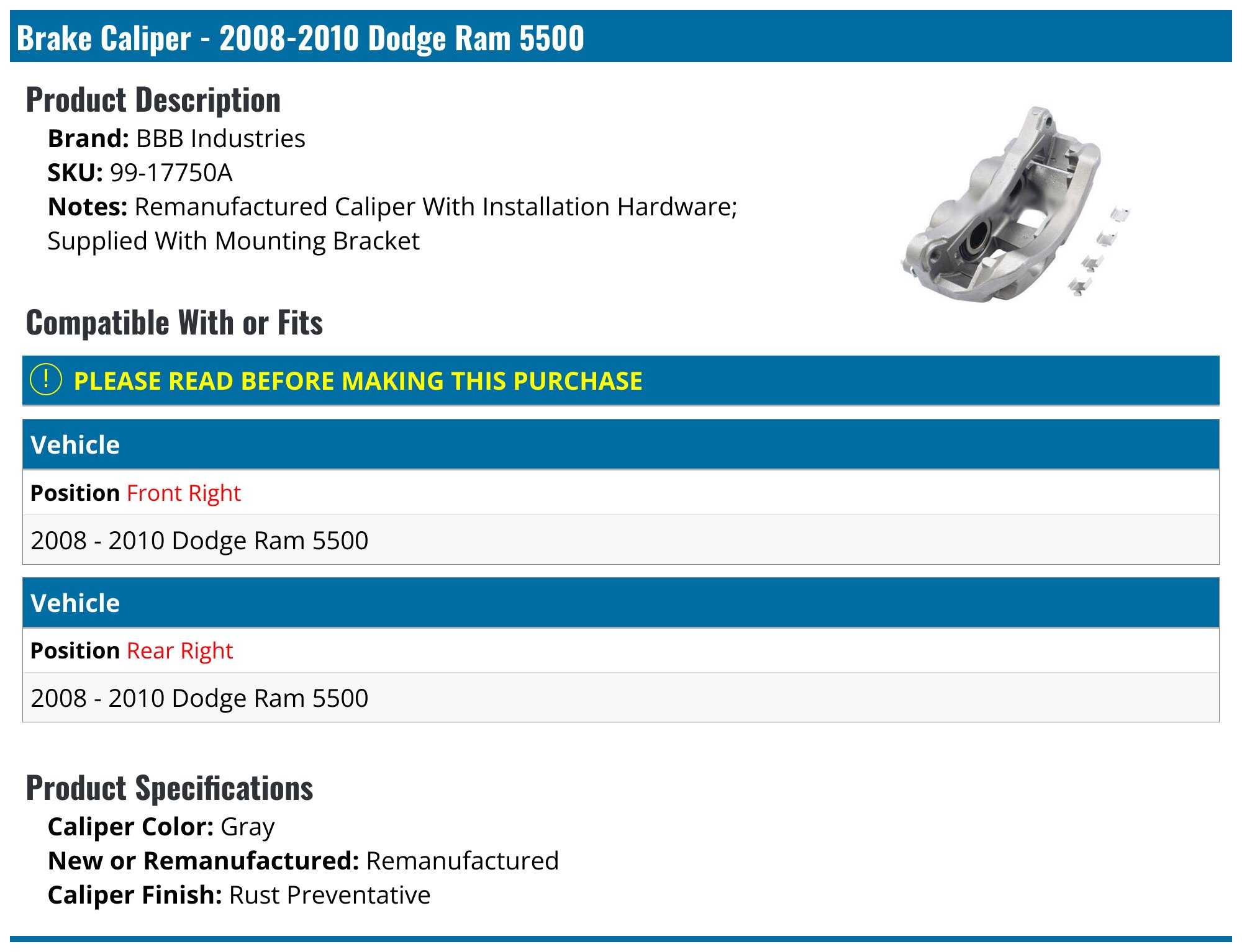 2008-2010 Dodge Ram 5500 Brake Caliper - BBB Industries 99-17750A ...