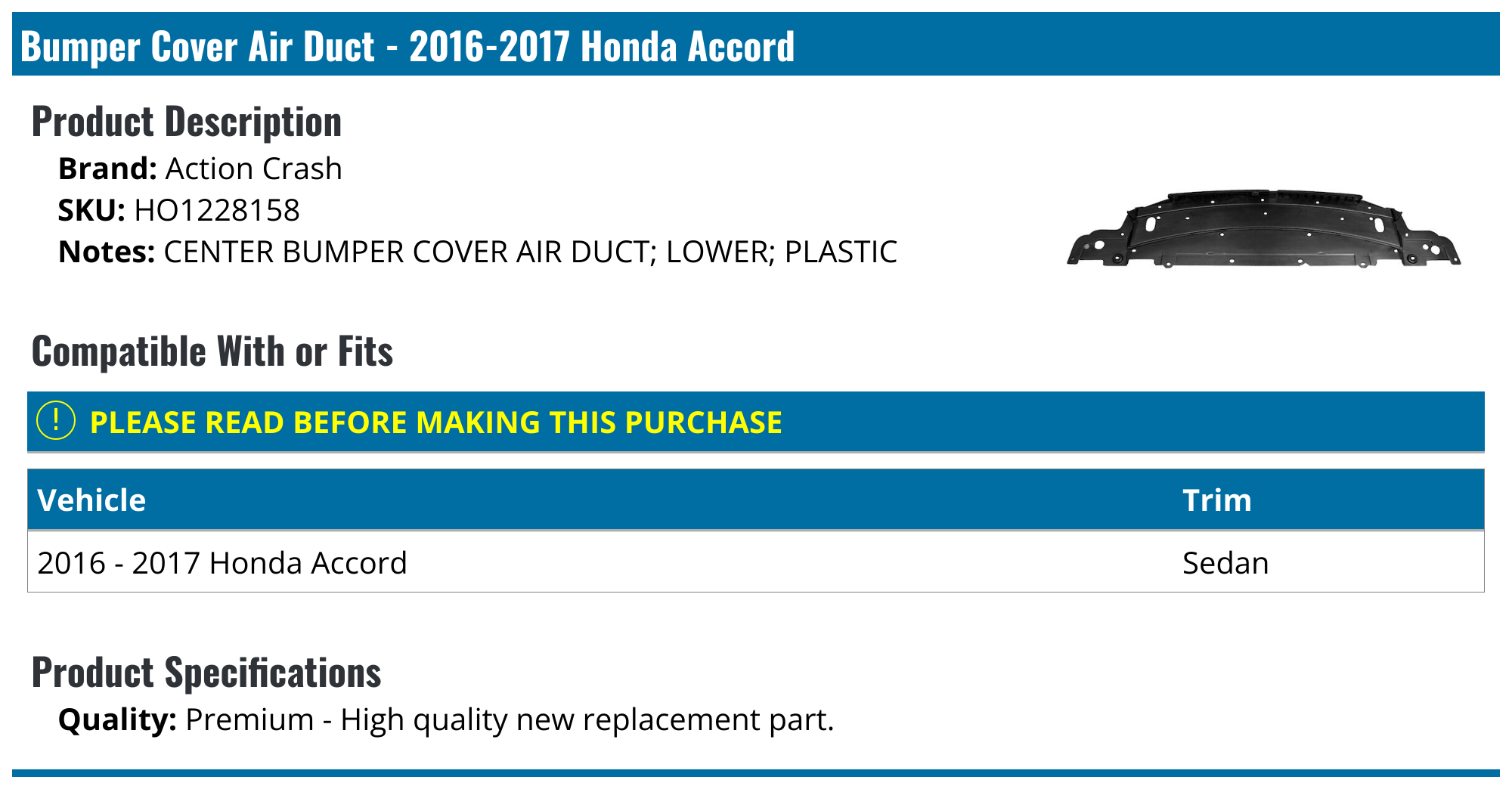 2016-2017 Honda Accord Bumper Cover Air Duct - Action Crash HO1228158 ...
