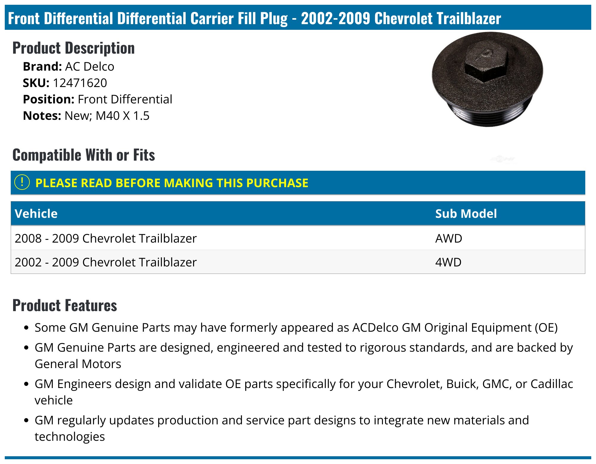 2002-2009 Chevrolet Trailblazer Differential Carrier Fill Plug - AC ...